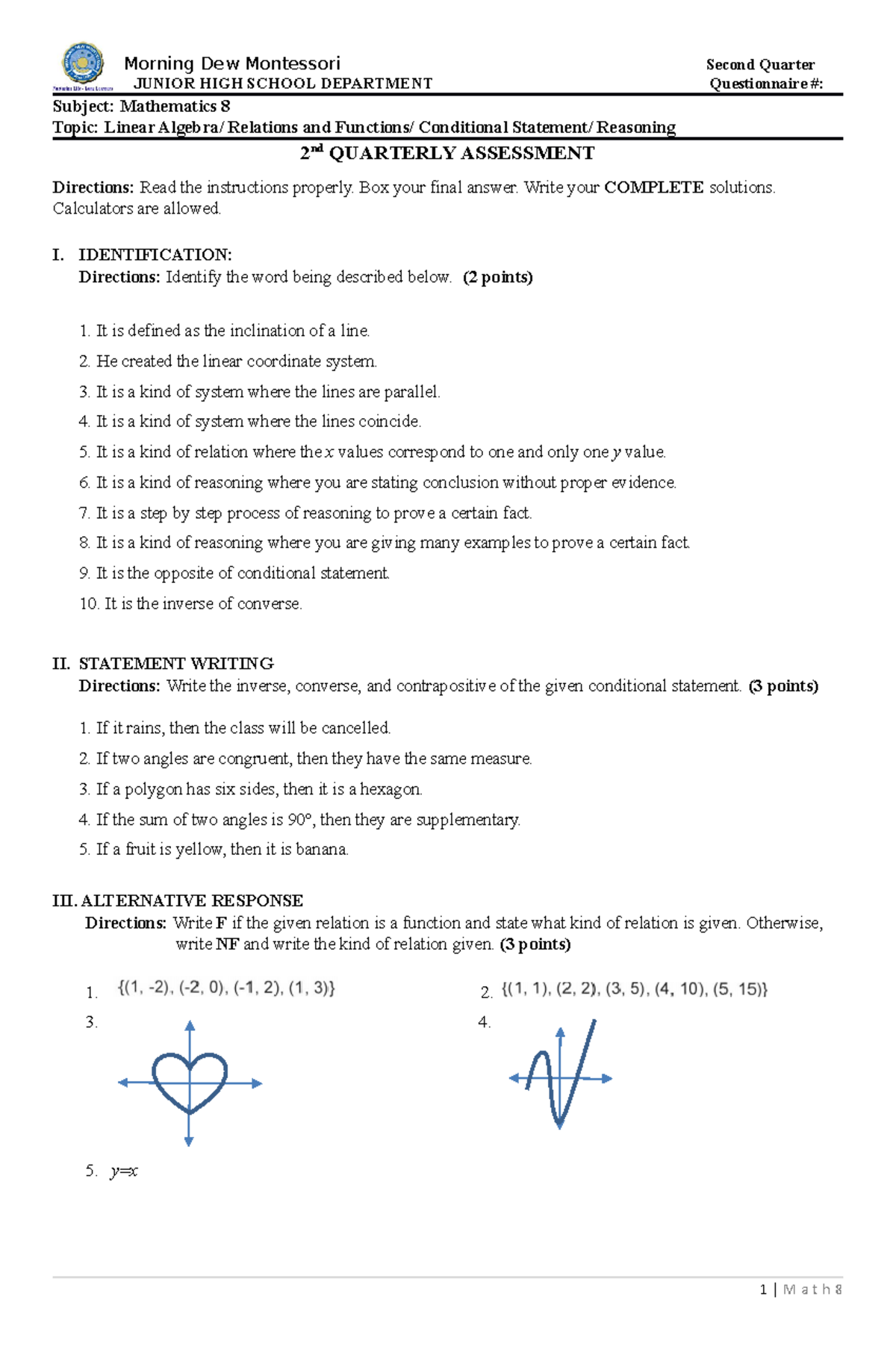 MATH 8 QA 2Q - Grade 8 Math 1st Quarter - Morning Dew Montessori Second ...