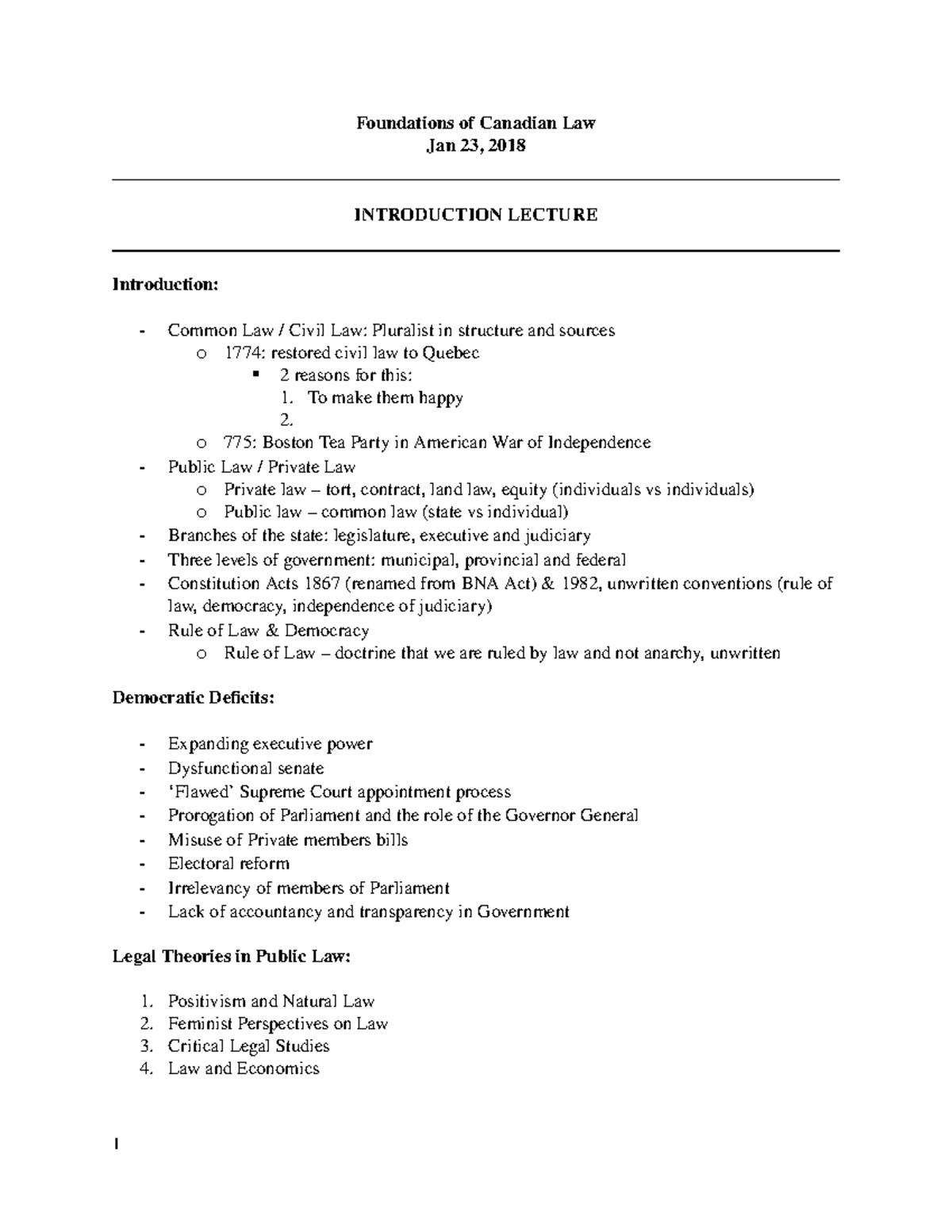 FCL - Lecture 1 - Foundations of Canadian Law Jan 23, 2018 INTRODUCTION ...