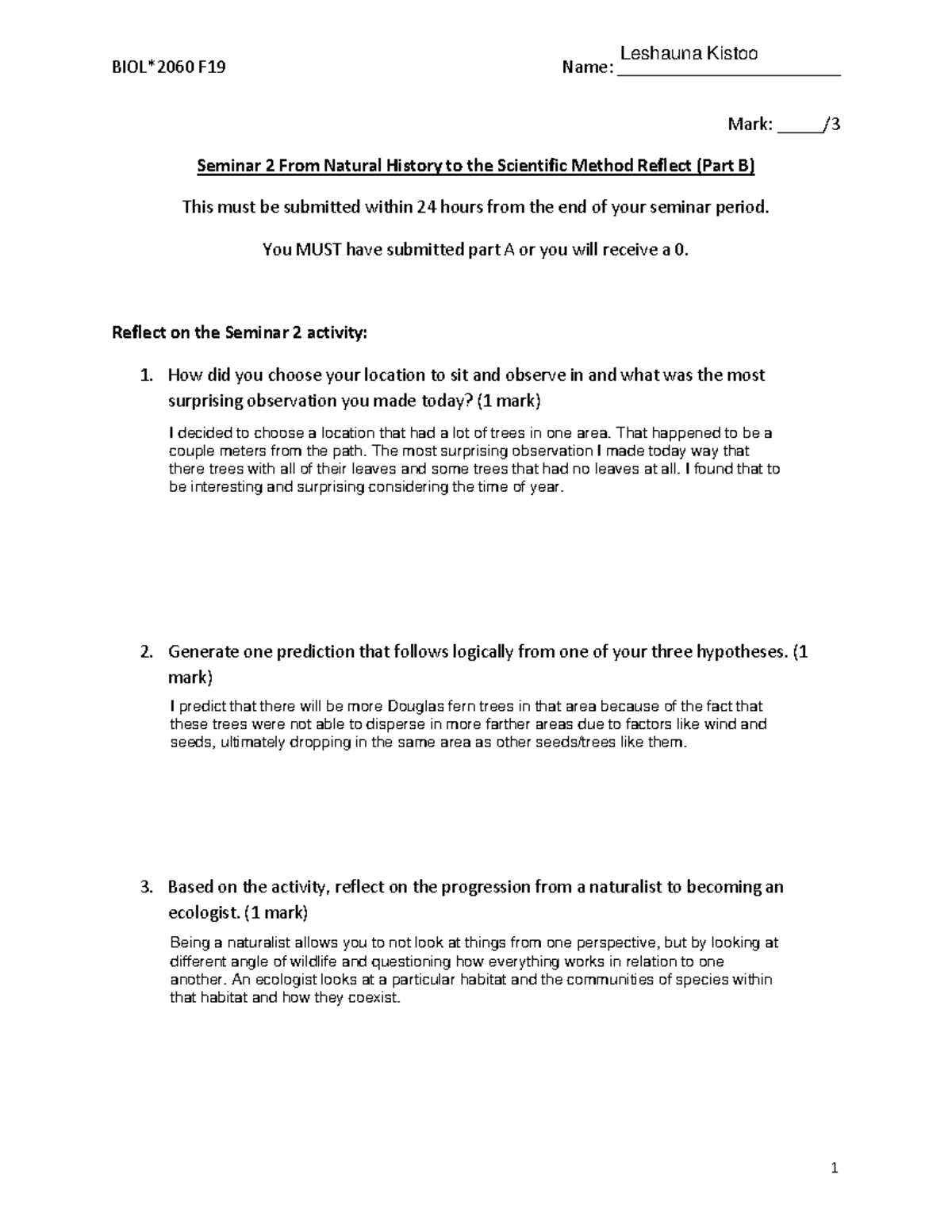 Seminar 2 Worksheet Part B - Warning: TT: undefined function: 32 BIOL*2060 F19 Name: - Studocu