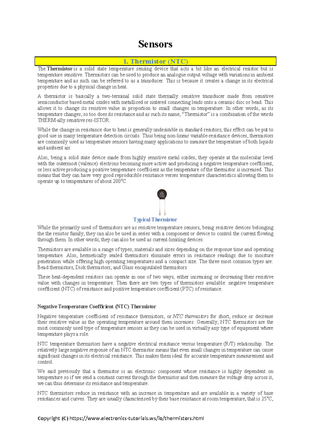 Sensors in Internet of Things - Sensors 1. Thermistor (NTC) The ...