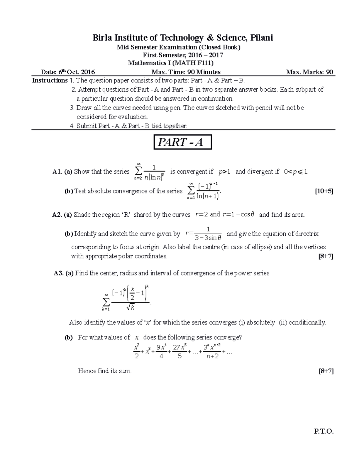 MATH F111 1010 T1 2016 1 - Mathematics - I - BITS Pilani - Studocu
