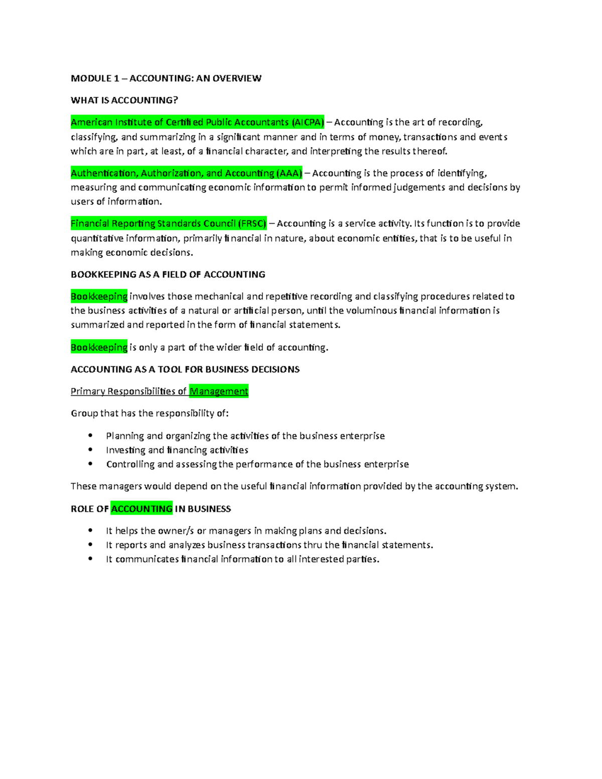 Funda Reviewer - 1BSA - MODULE 1 – ACCOUNTING: AN OVERVIEW WHAT IS ...