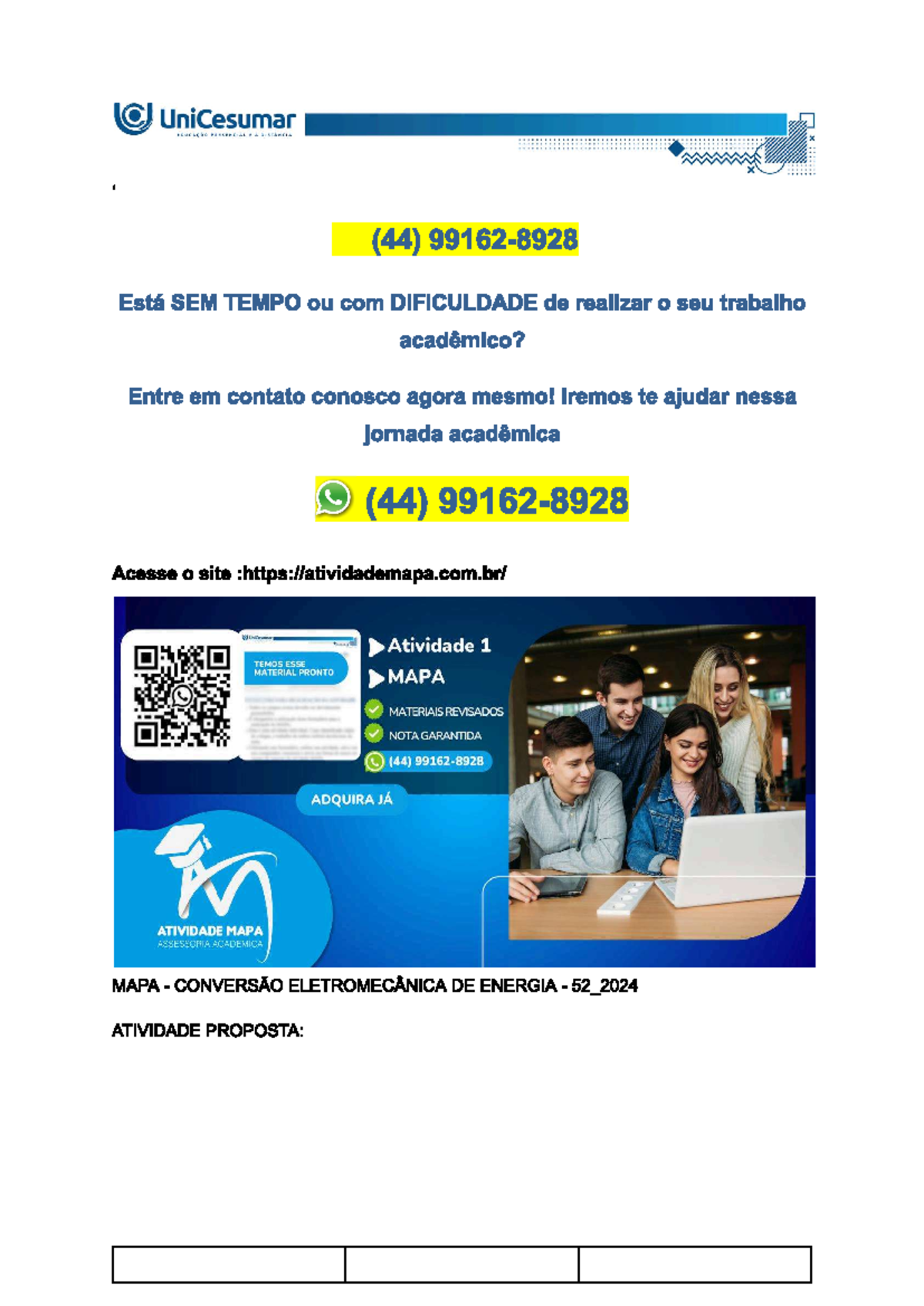 9 - MAPA - CONVERSÃO ELETROMEC NICA DE ENERGIA - 52_2024 ATIVIDADE PROPOSTA: 1) - UniCesumar ...