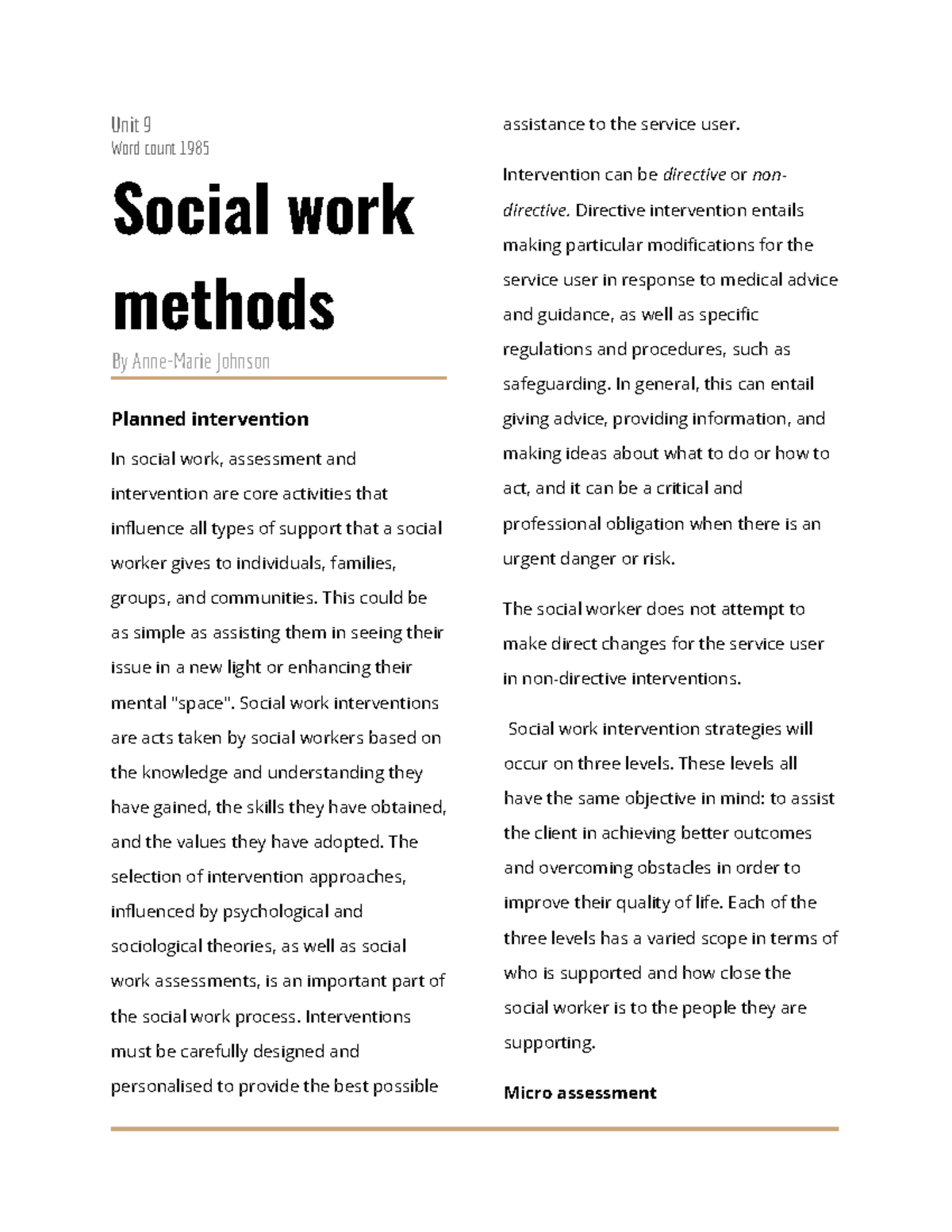 Social work method unit 9 1 1248687 710 - Unit 9 Word count 1985 Social ...