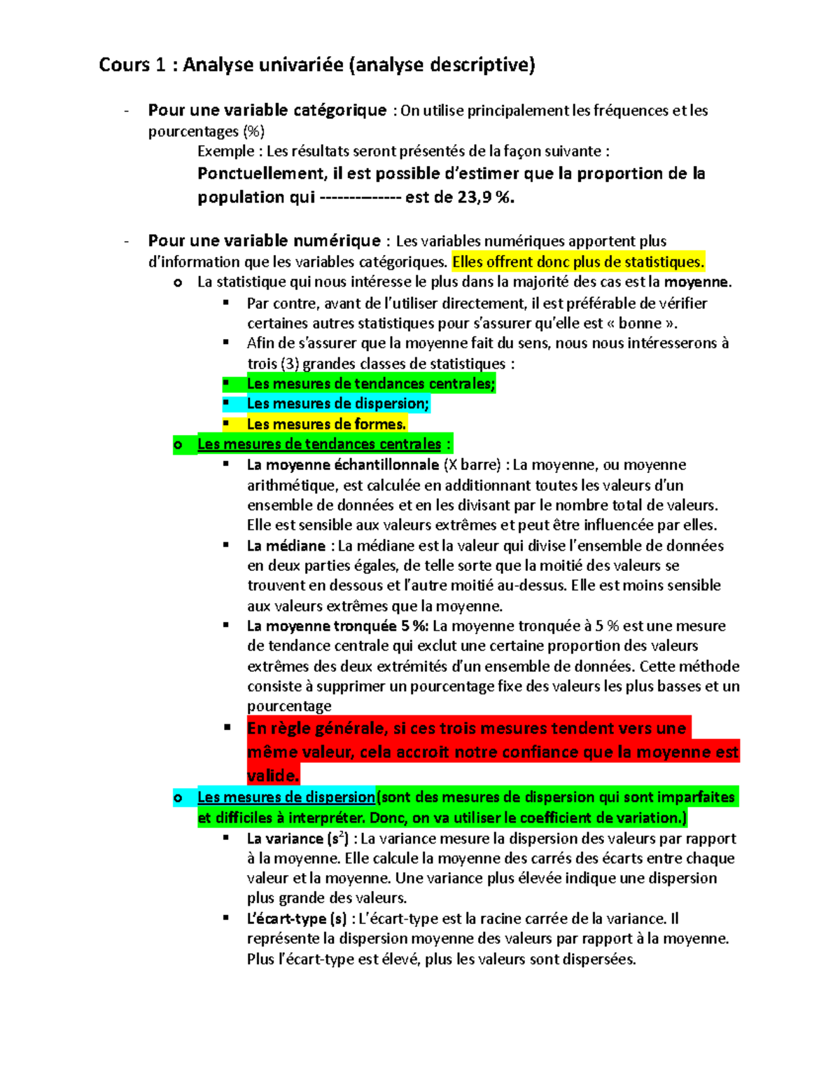 Resume stats - Cours 1 : Analyse univariée (analyse descriptive) Pour ...