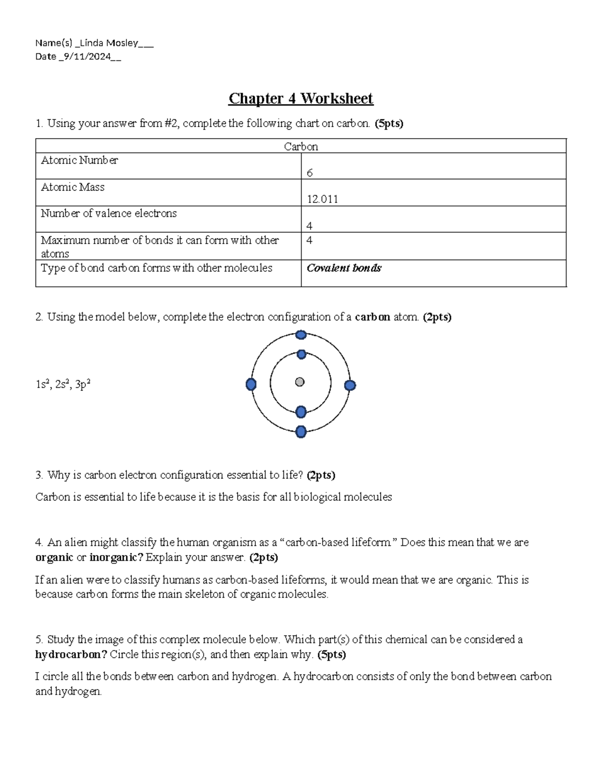 Biol 150 Chapter 4 worksheet - Name(s) Linda Mosley__ Date 9/11/2024 ...