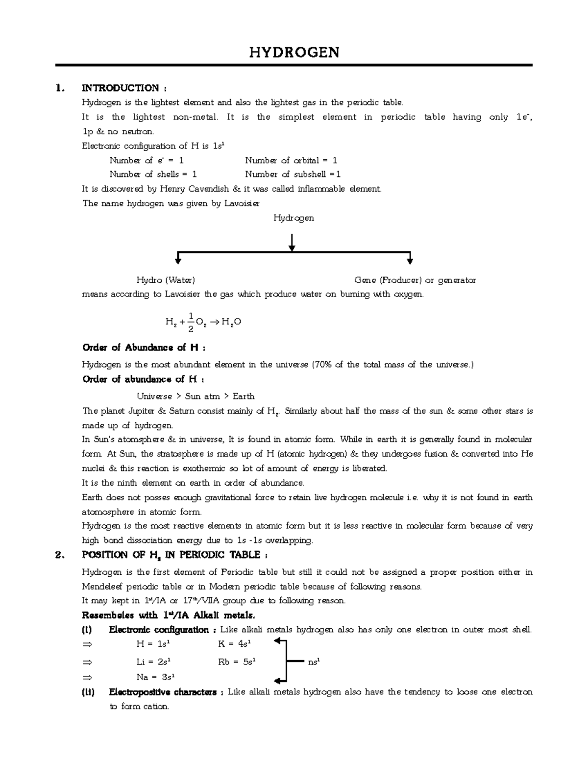H Y D R O G E N - notes - H Y D R O G E N 1. INTRODUCTION : Hydrogen is ...