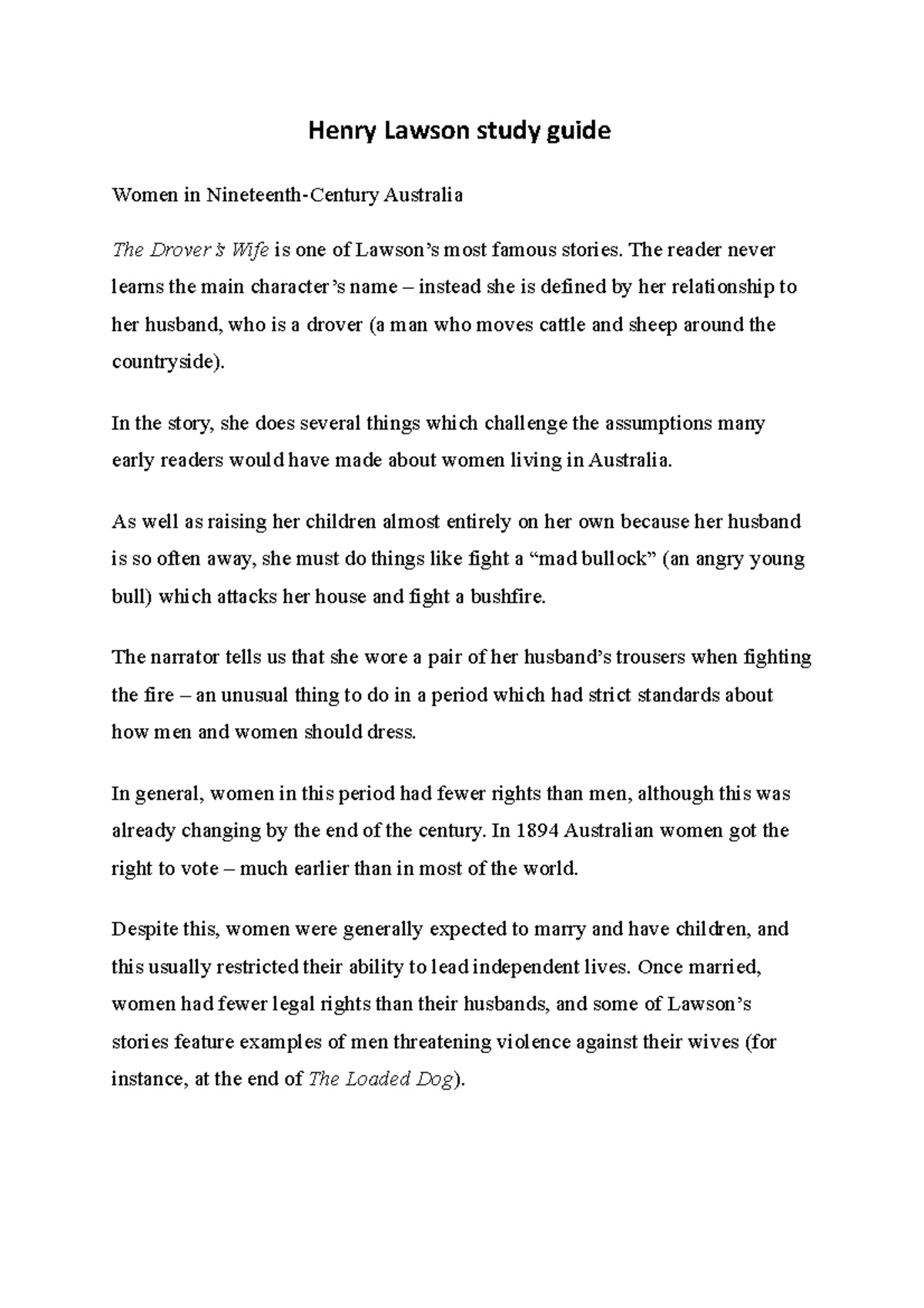 Henry Lawson study guide - Henry Lawson study guide Women in Nineteenth ...