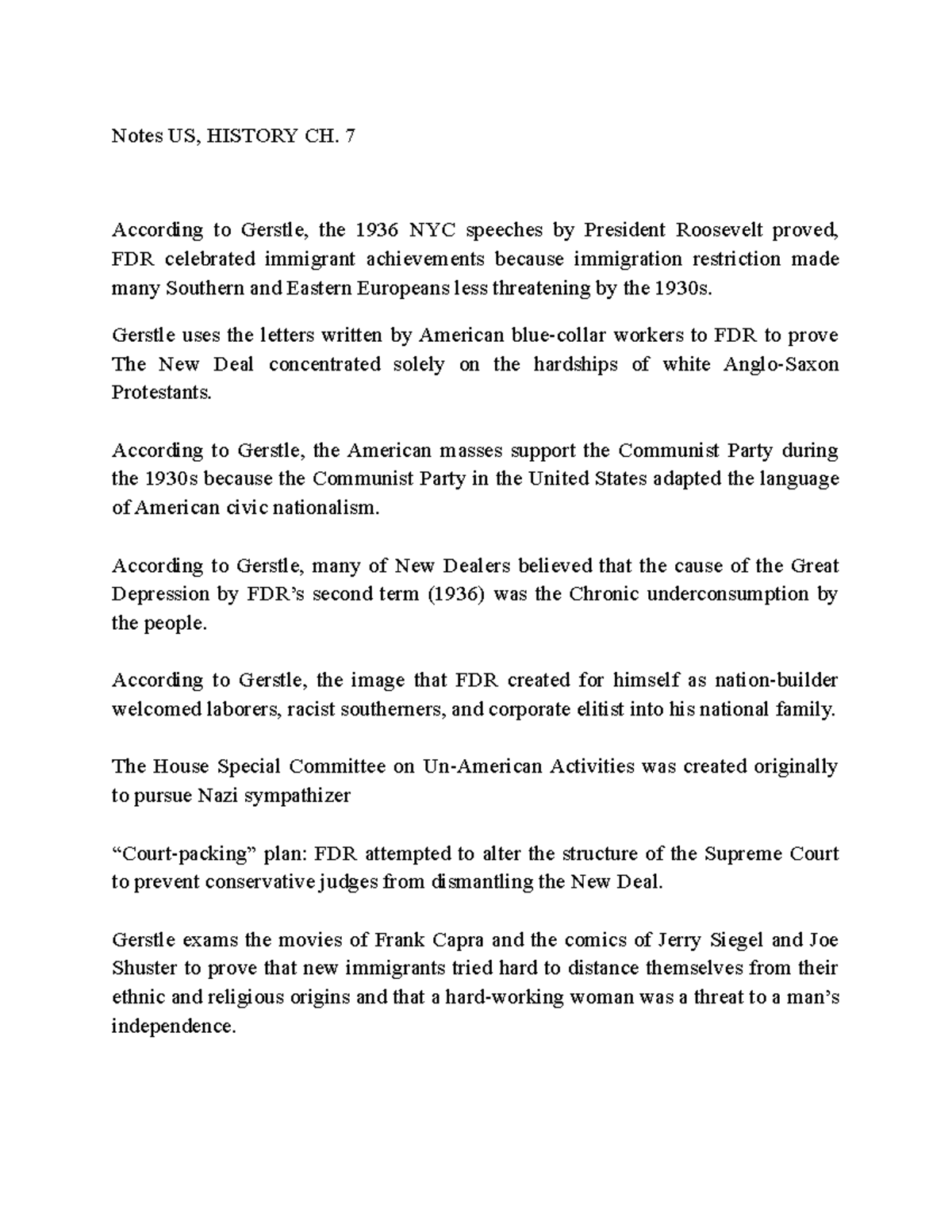 Notes US History CH 7 - Notes US, HISTORY CH. 7 According to Gerstle ...