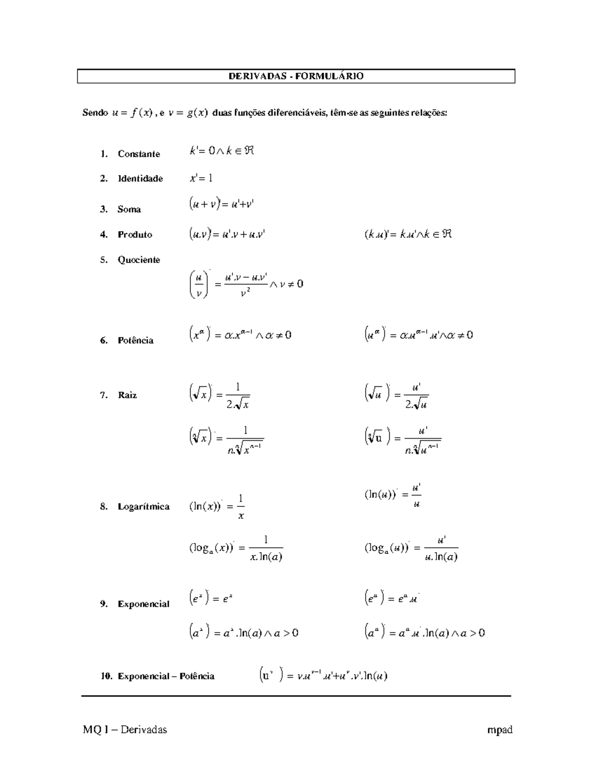 Formulario derivadas - métodos quantitativos - DERIVADAS - FORMULÁRIO ...