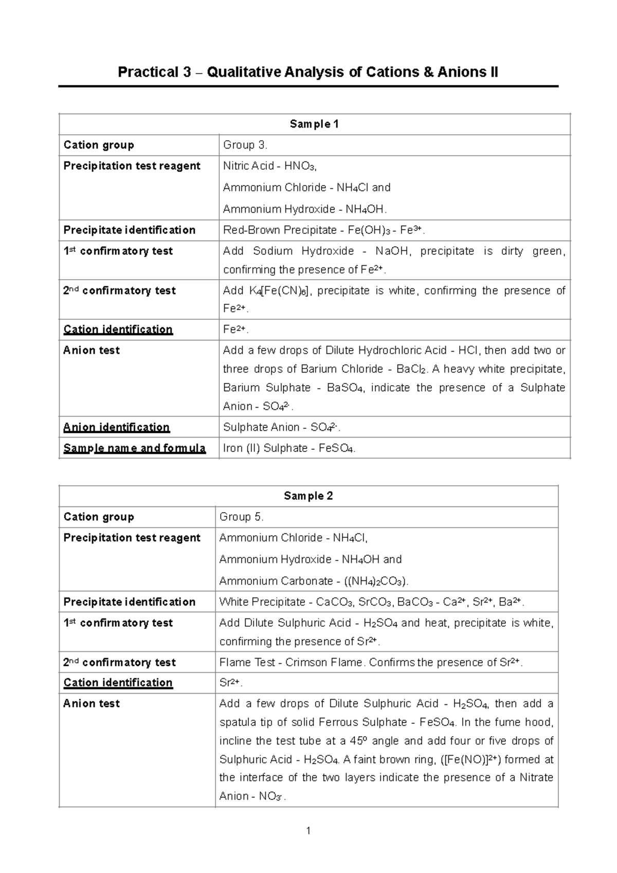 Chemistry practical three - Practical 3 − Qualitative Analysis of Cations & Anions II Sample 1 ...