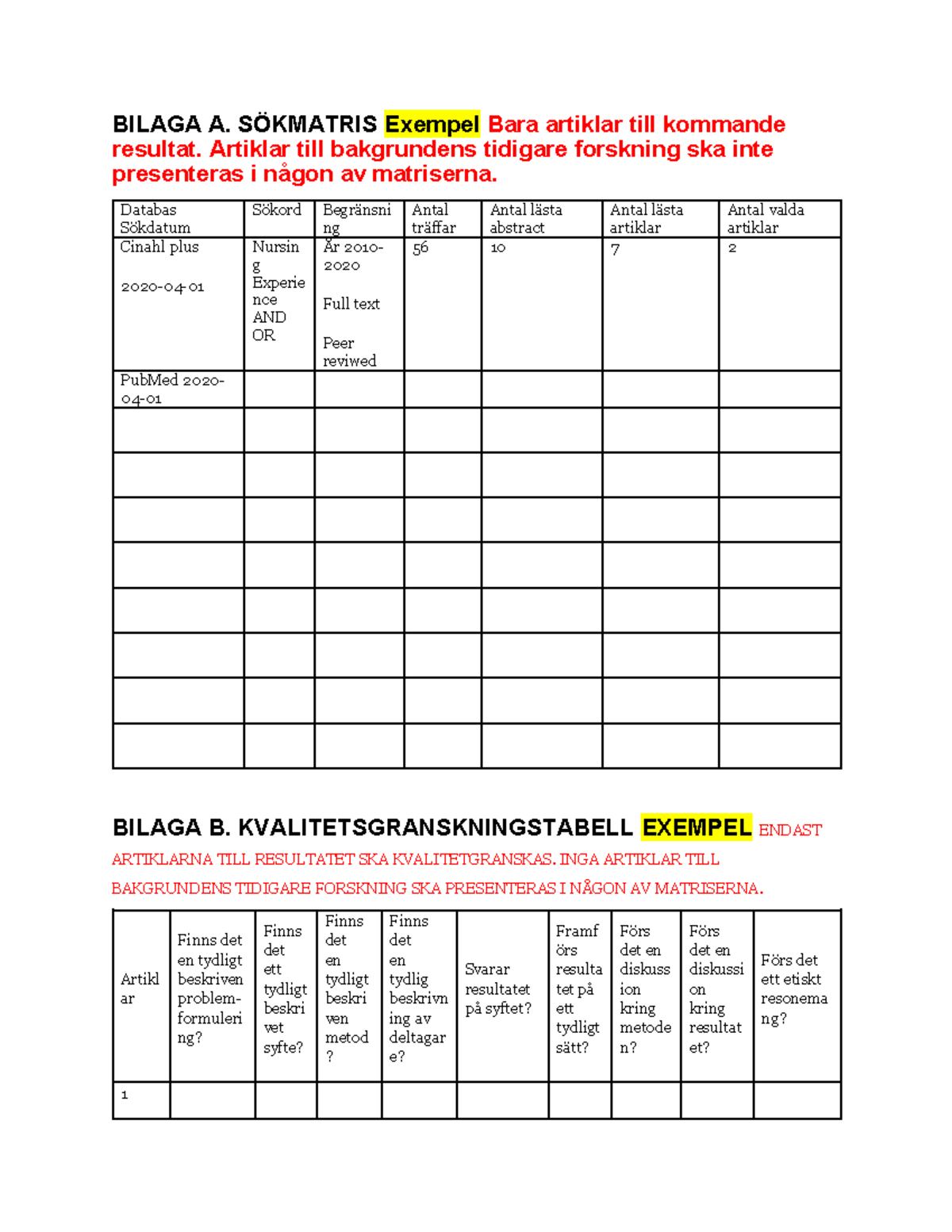 Matriser PM - BILAGA A. SÖKMATRIS Exempel Bara artiklar till kommande ...