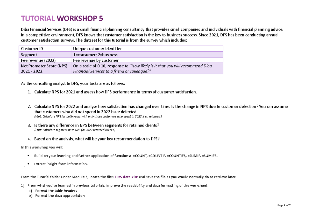 Tutorial Workshop 5 - TUTORIAL WORKSHOP 5 Diba Financial Services (DFS) is a small financial ...