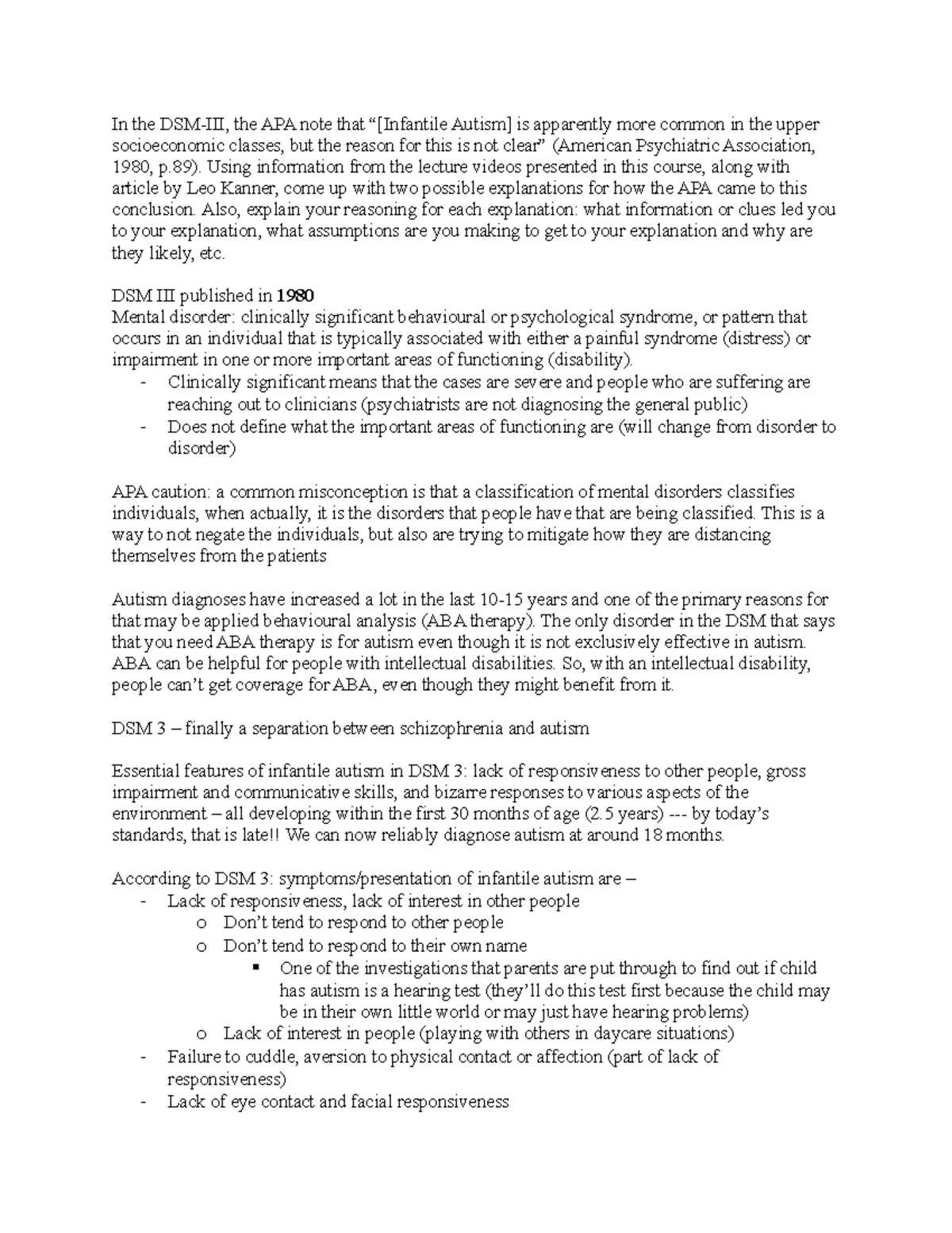 Autism in dsm3 - Lecture notes 1-5 - In the DSM-III, the APA note that ...