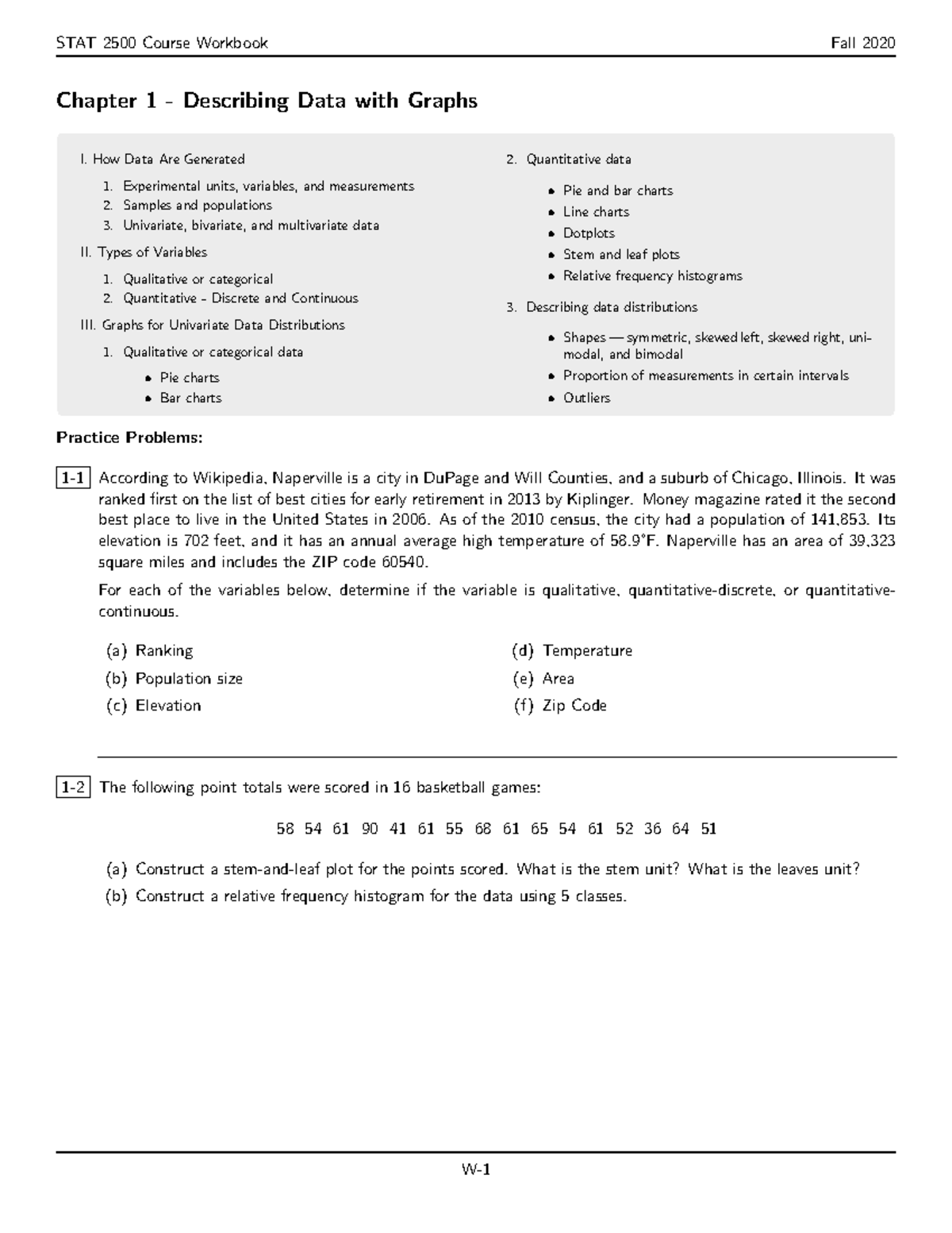 Workbook Ch1 - assignment for chapter 1 - STAT 2500 Course Workbook Fall 2020 Chapter 1 ...