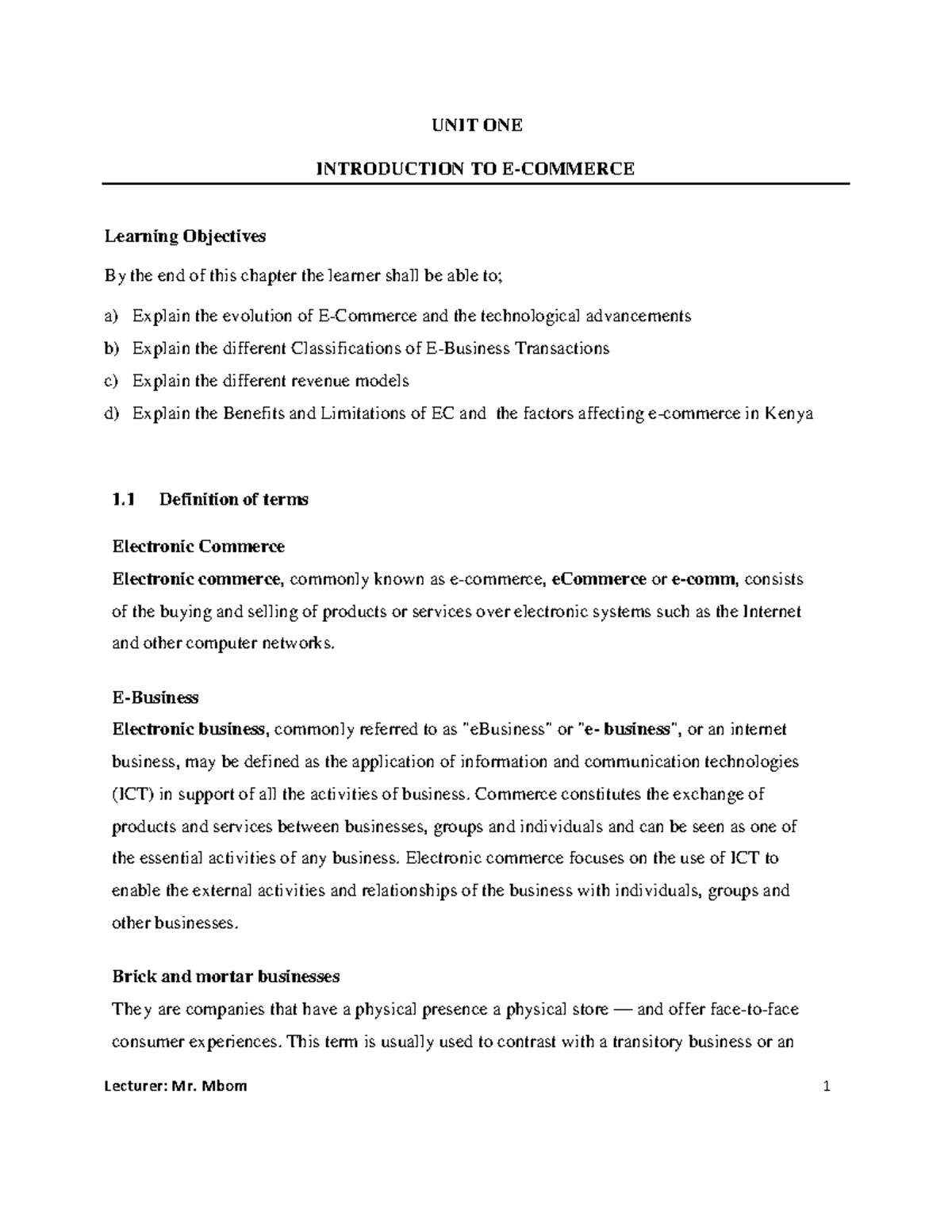 Introduction TO E- Commerce - Barchelor's of Business Management - Studocu