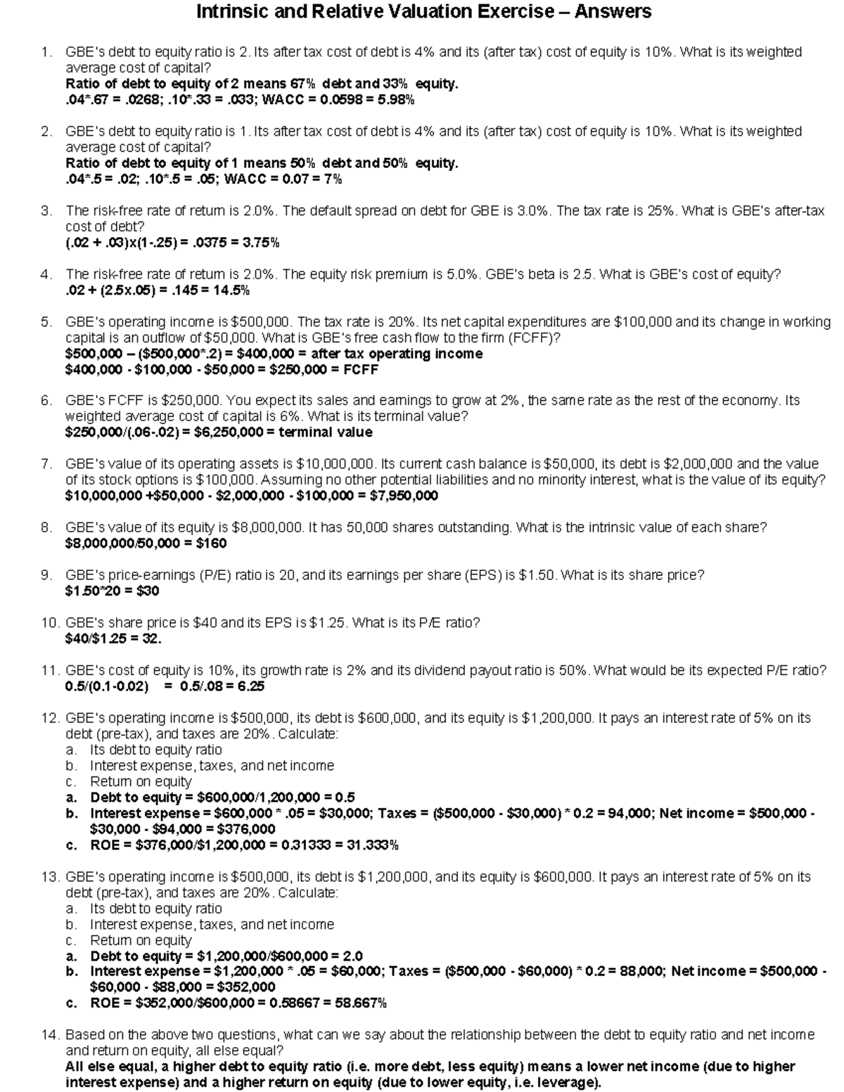 Intrinsic and Relative Valuation Exercise Answers - Intrinsic and ...