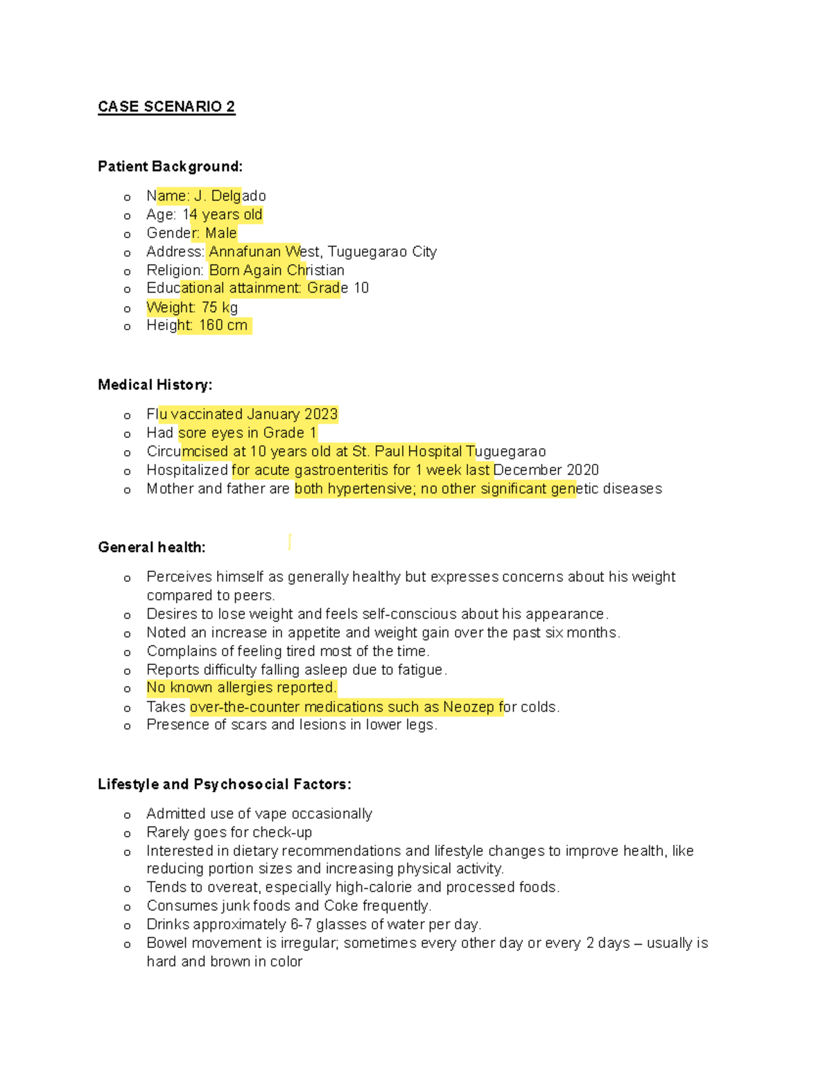 CASE- Scenario-2 - CASE SCENARIO 2 Patient Background: o Name: J ...