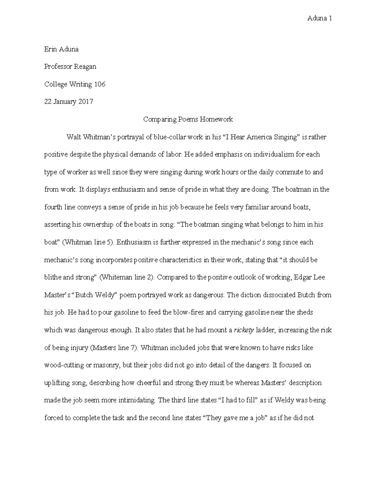Poetry Analysis- Walt Whitman's "I Hear America Singing" - Aduna 1 Erin ...