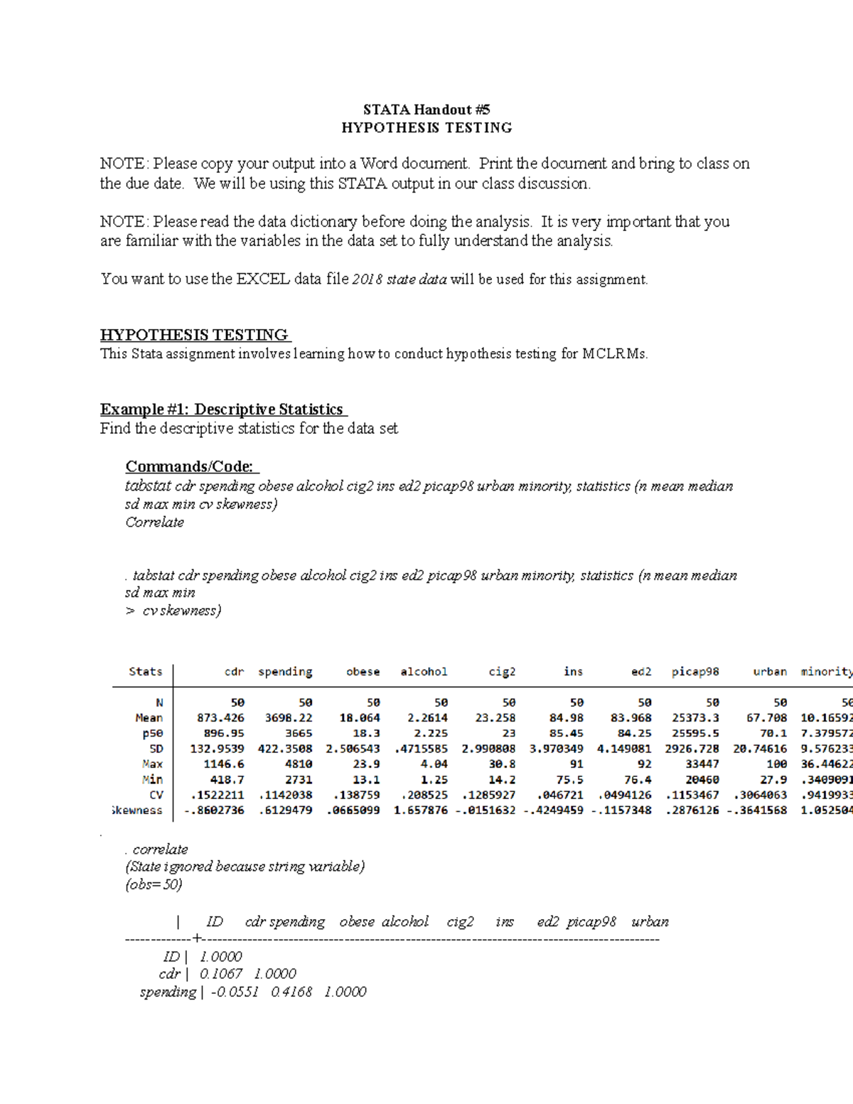 Stata 5 Hypothesis Testing And Class Notes Stata Handout Hypothesis Testing Note Please
