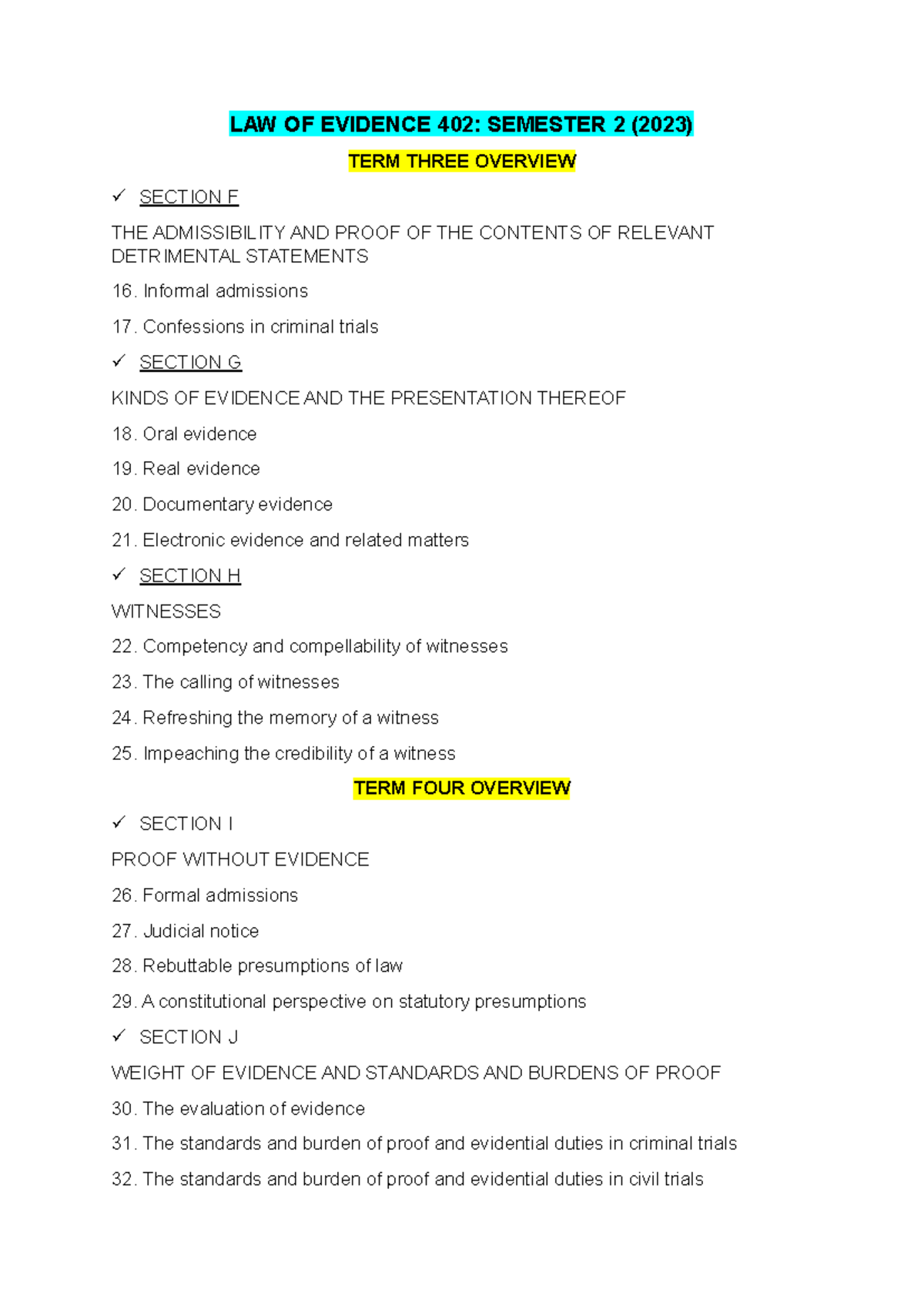 Semester 2 Evidence notes, - LAW OF EVIDENCE 402: SEMESTER 2 (2023 ...