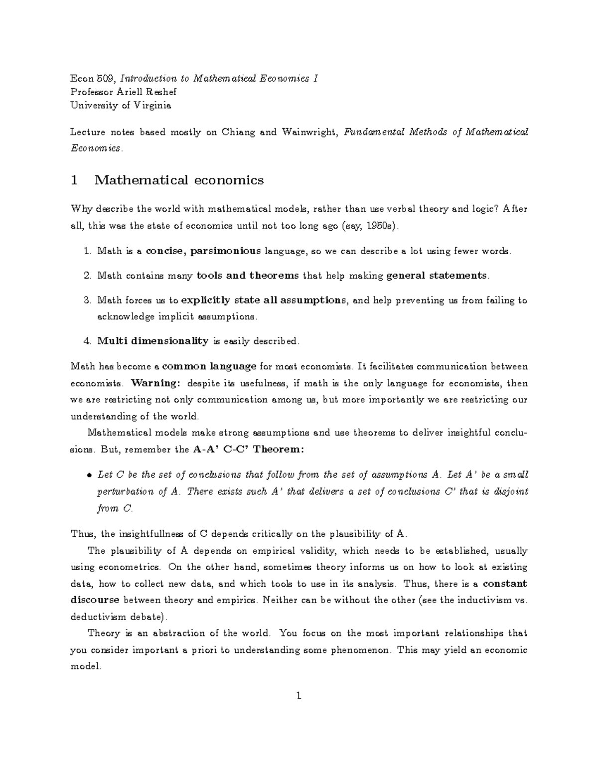 Mathematical economics-Chiang and Wainwright - Econ 509, Introduction ...