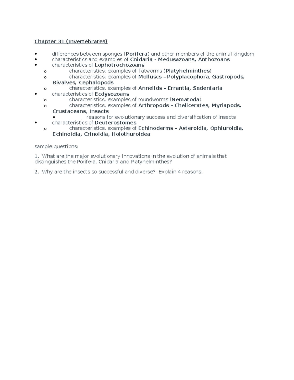 Marine bio study guide on Invertebrates - Chapter 31 (Invertebrates ...
