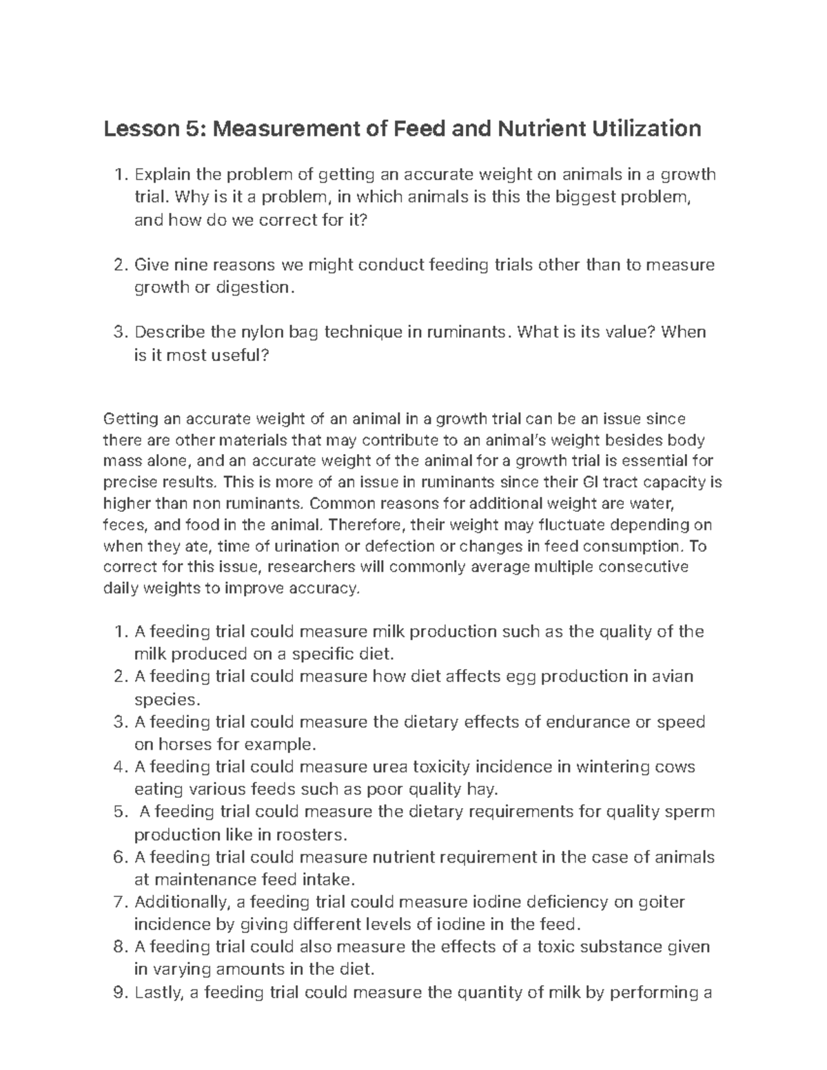Lesson 5- Measurement of Feed and Nutrient Utilization - 1. 2. 3. 1. 2 ...