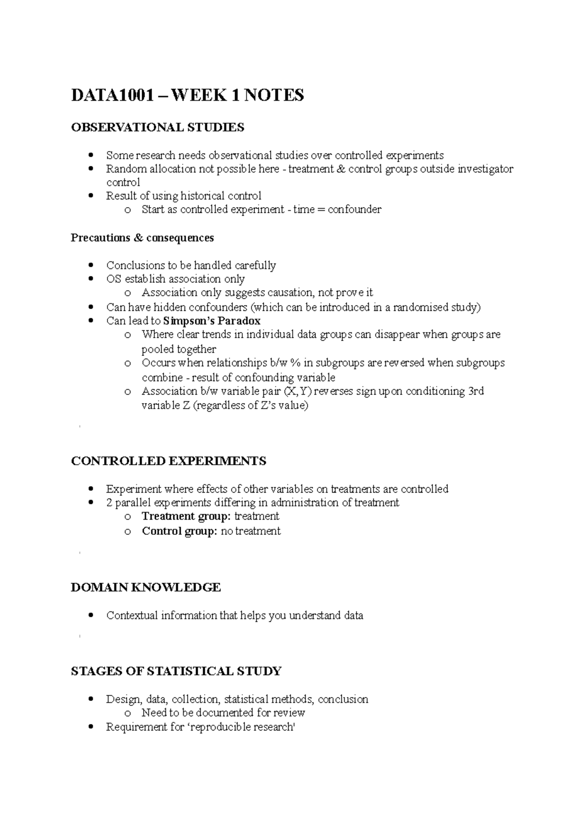 DATA1001 - WEEK 1 Notes - DATA1001 – WEEK 1 NOTES OBSERVATIONAL STUDIES ...