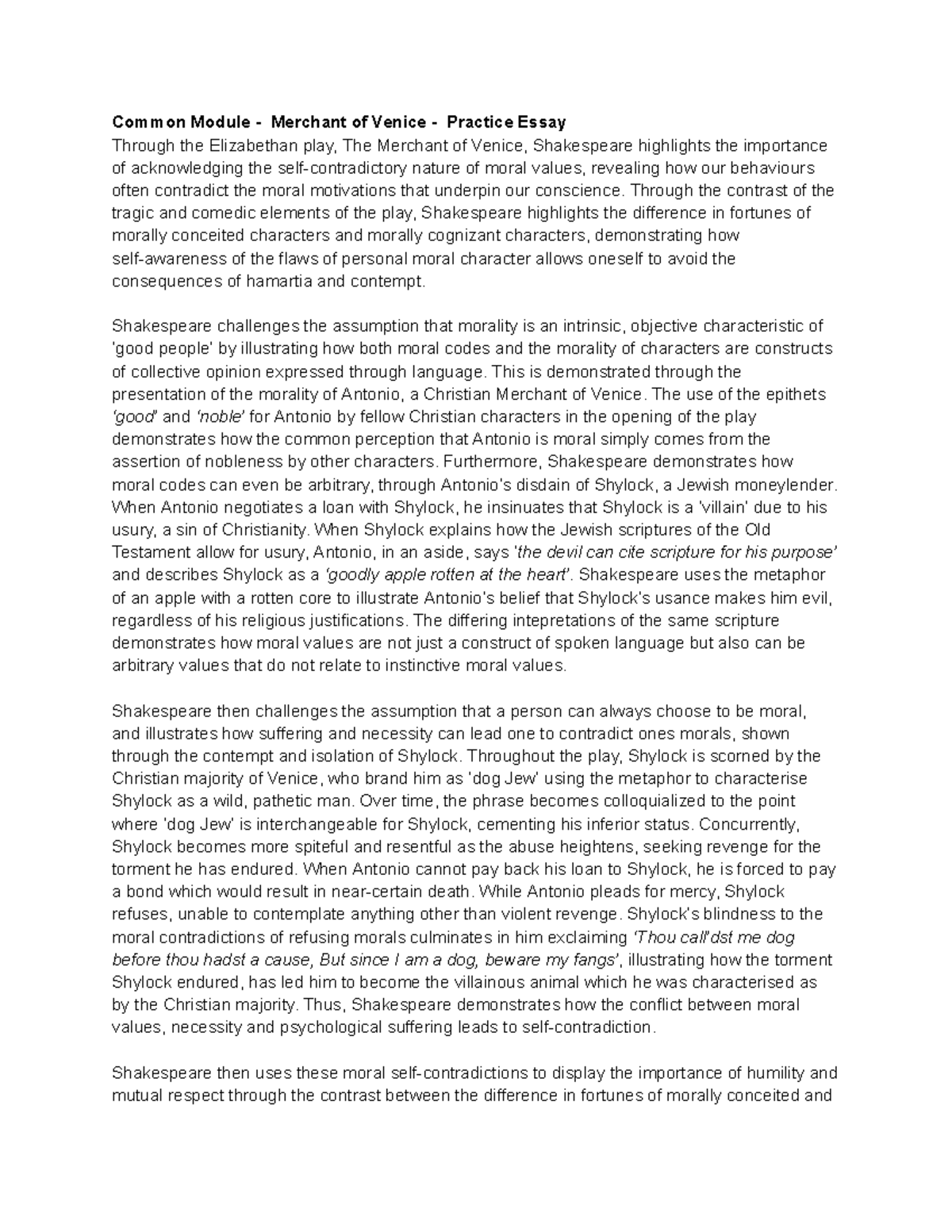 Common Module - Merchant of Venice - Practice Essay - Through the ...