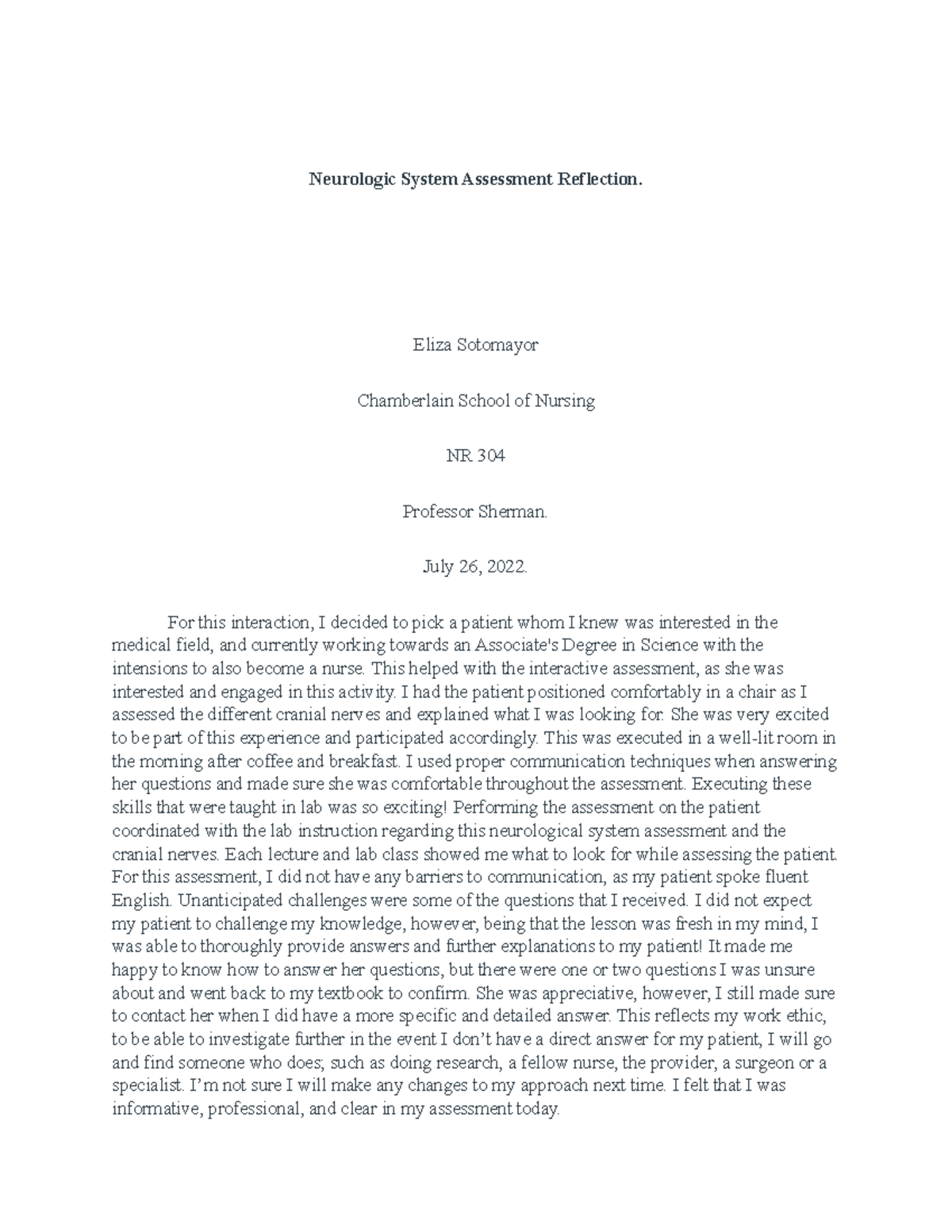 Neuro Assessment Reflection - Neurologic System Assessment Reflection ...