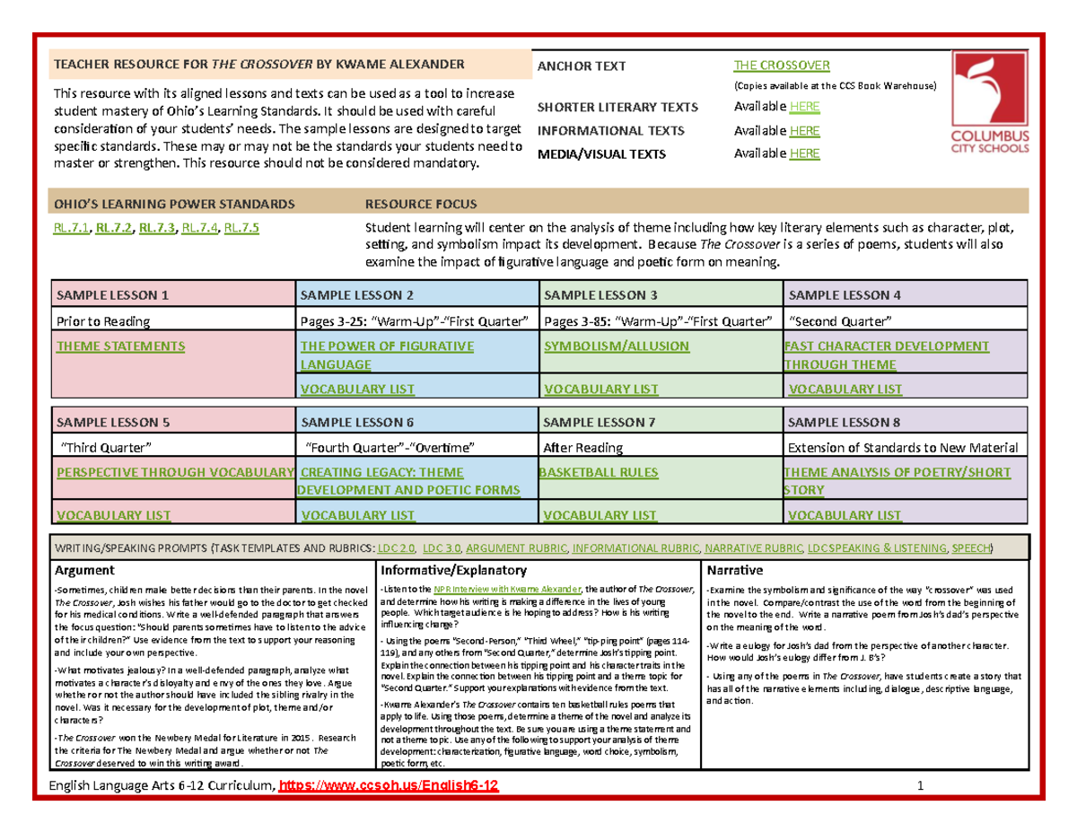 THE Crossover BY Kwame Alexander Teacher Resource 18 - TEACHER RESOURCE ...