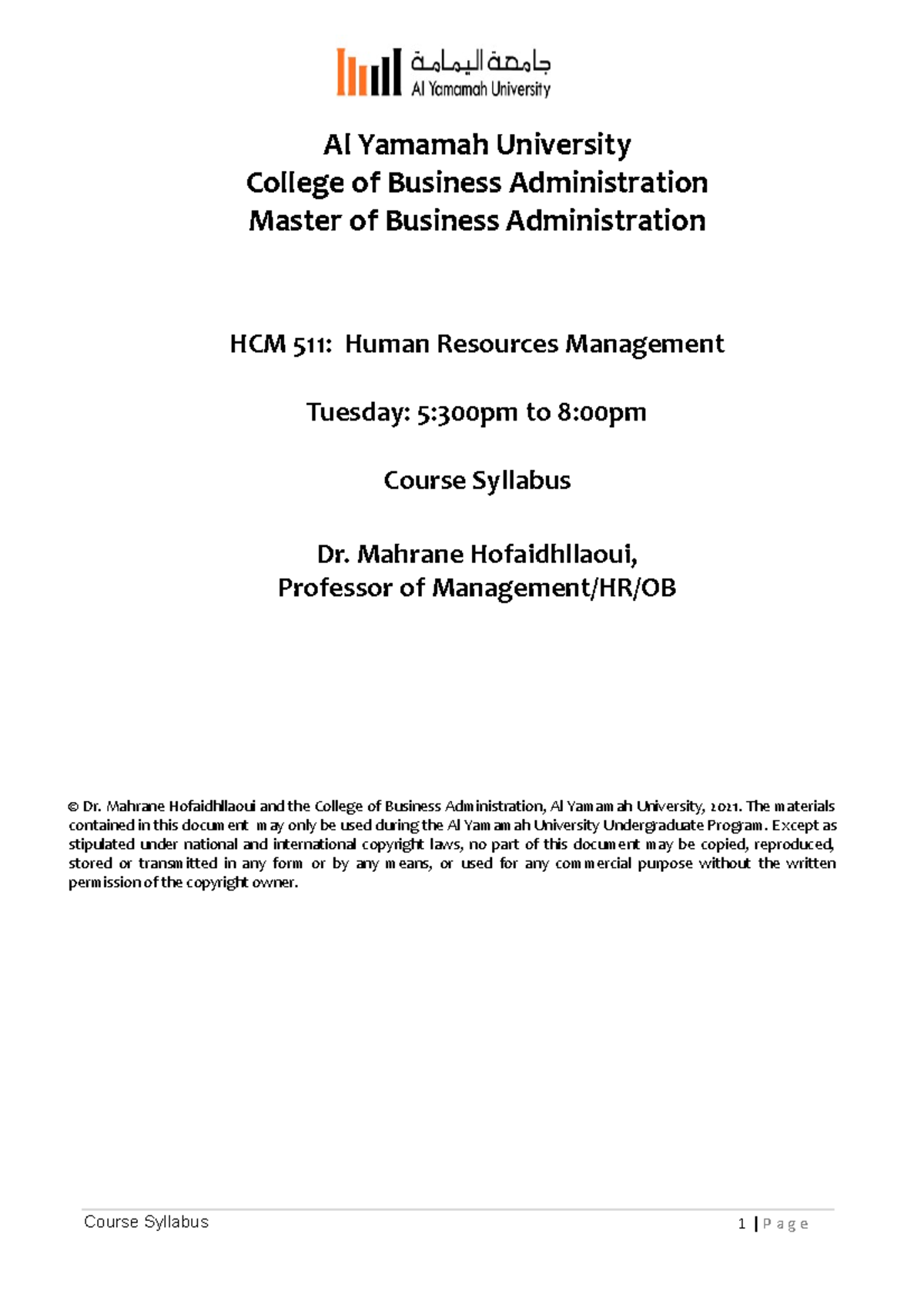 HCM 511- Syllabus Human Resources Management - Al Yamamah University ...