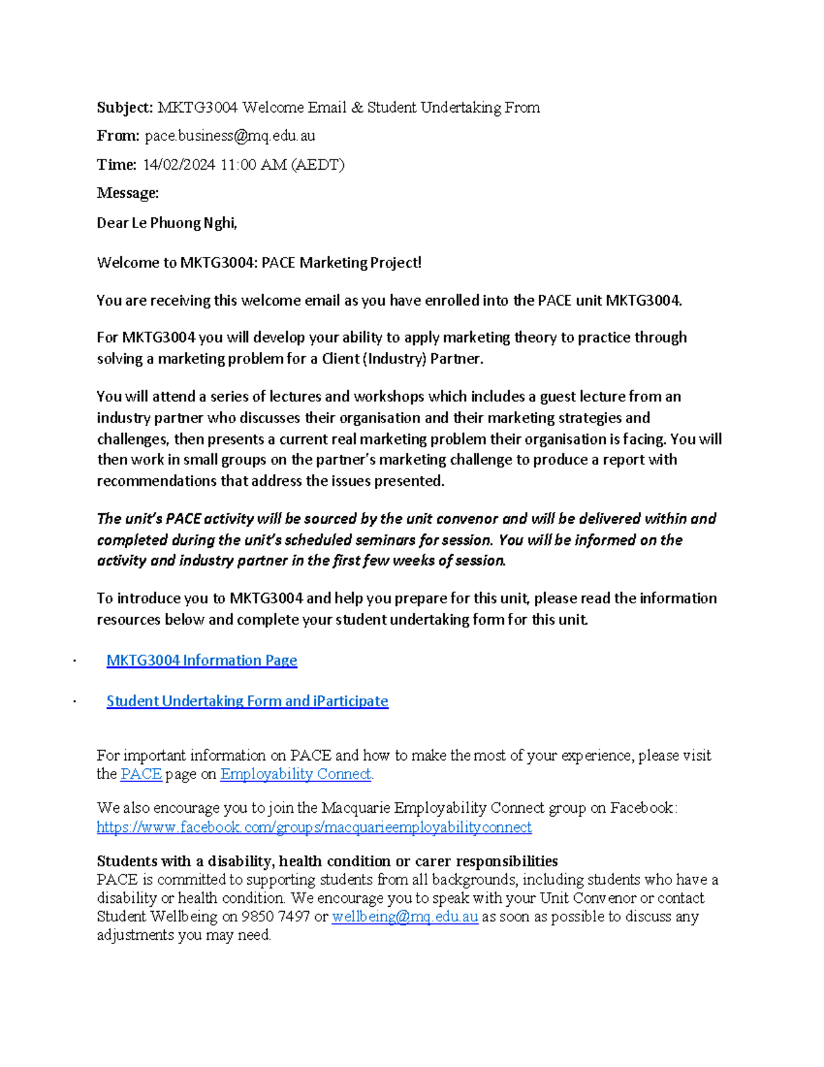 MKTG3004 Welcome Email & Student Undertaking From - edu Time: 14/02 ...