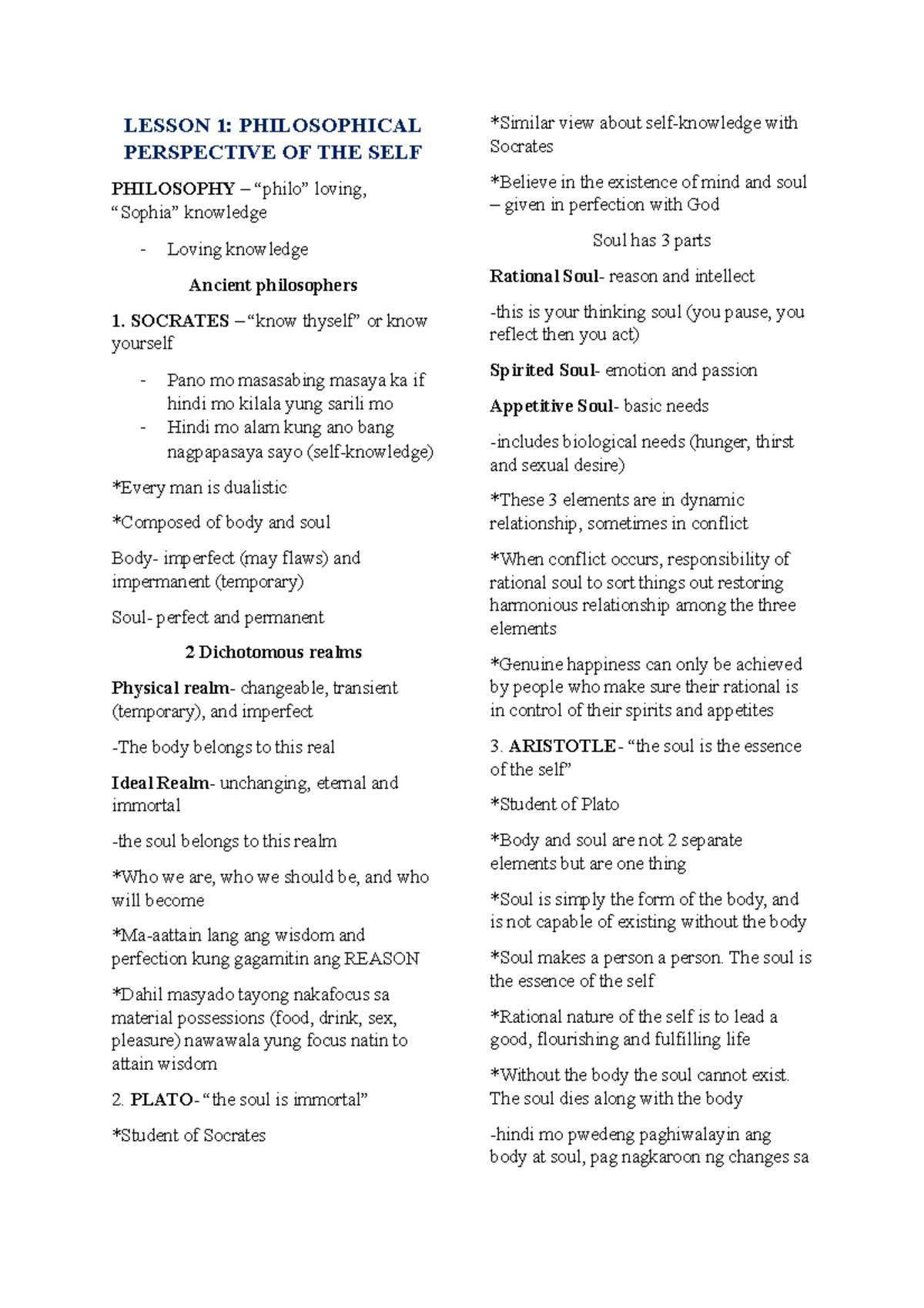 Understanding THE SELF - LESSON 1: PHILOSOPHICAL PERSPECTIVE OF THE ...