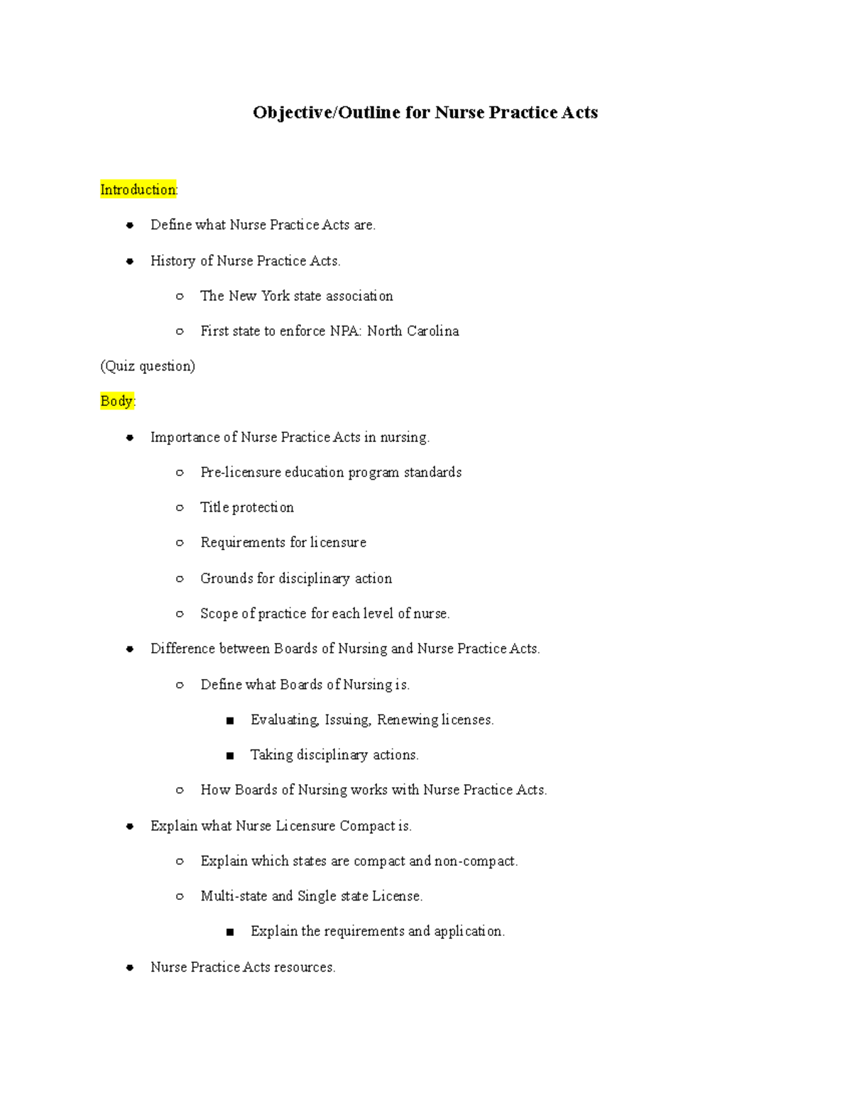 Objective Outline for Nurse Practice Acts - Objective/Outline for Nurse ...