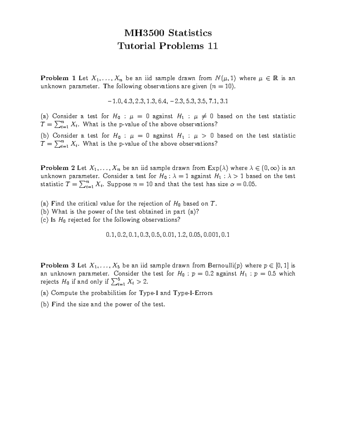 Tutorial 11 MH3500 Notes - MH3500 Statistics Tutorial Problems 11 ...