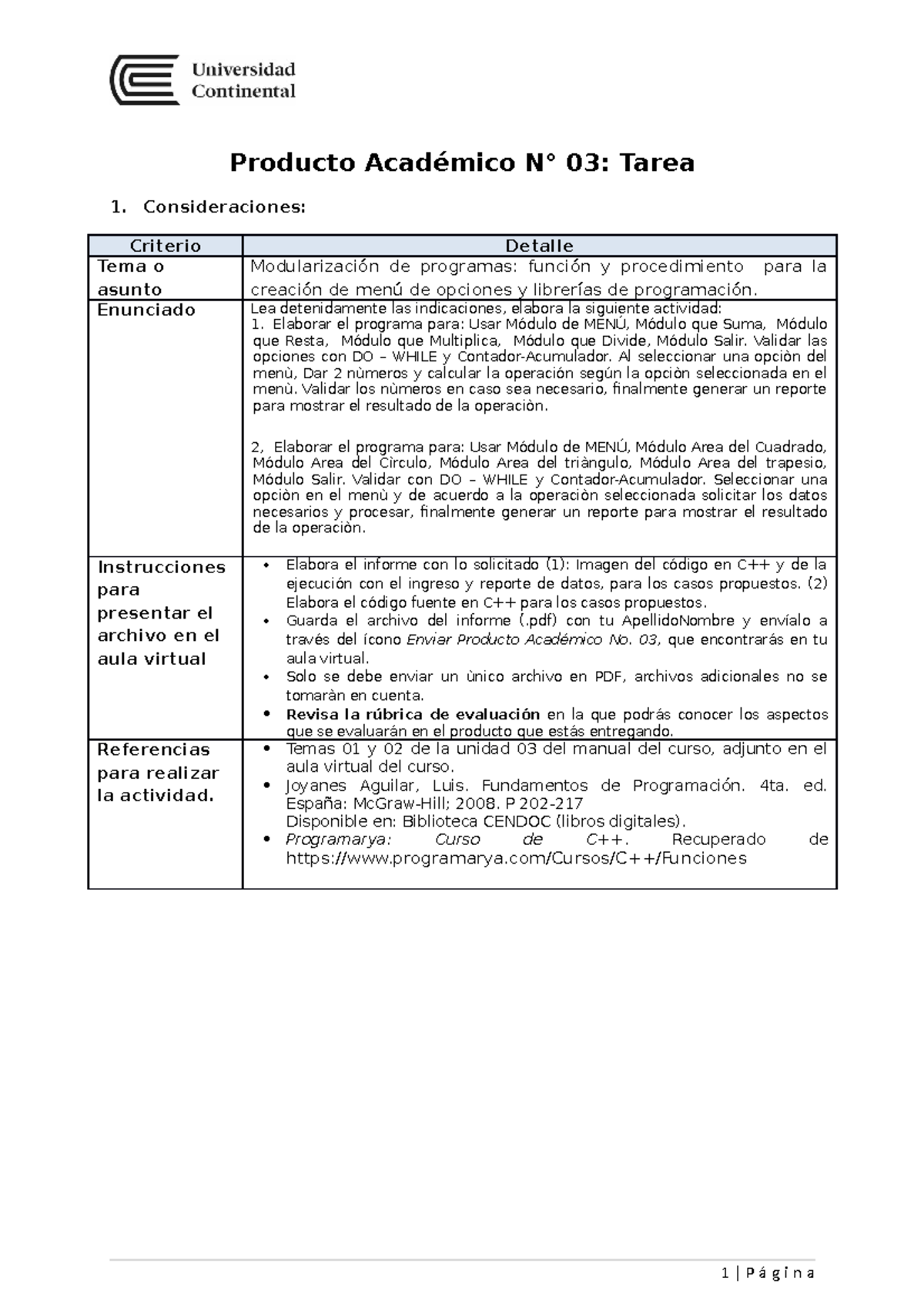 02 PA Tarea 03 Fundamentos de Programación - Producto Académico N° 03: Tarea 1. Consideraciones ...