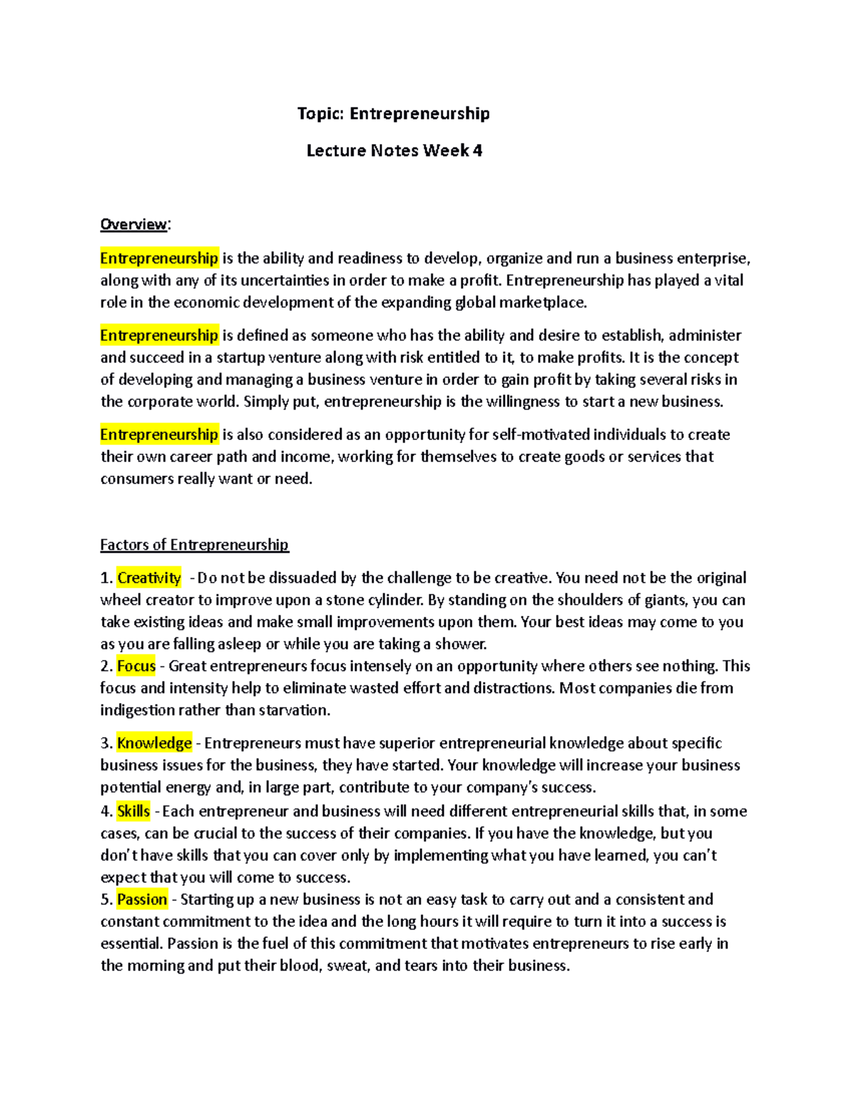 Entrepreneurship - Topic: Entrepreneurship Lecture Notes Week 4 ...