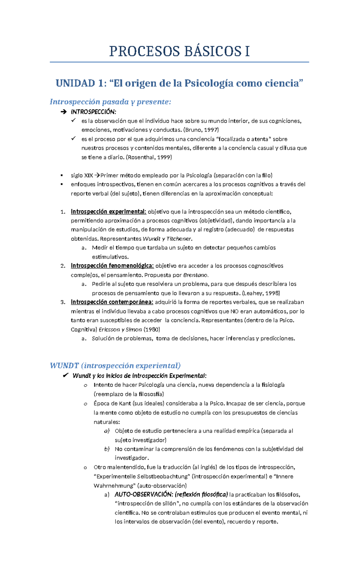 Procesos Básicos I resumen - PROCESOS BÁSICOS I UNIDAD 1: “El origen de la Psicología como ...
