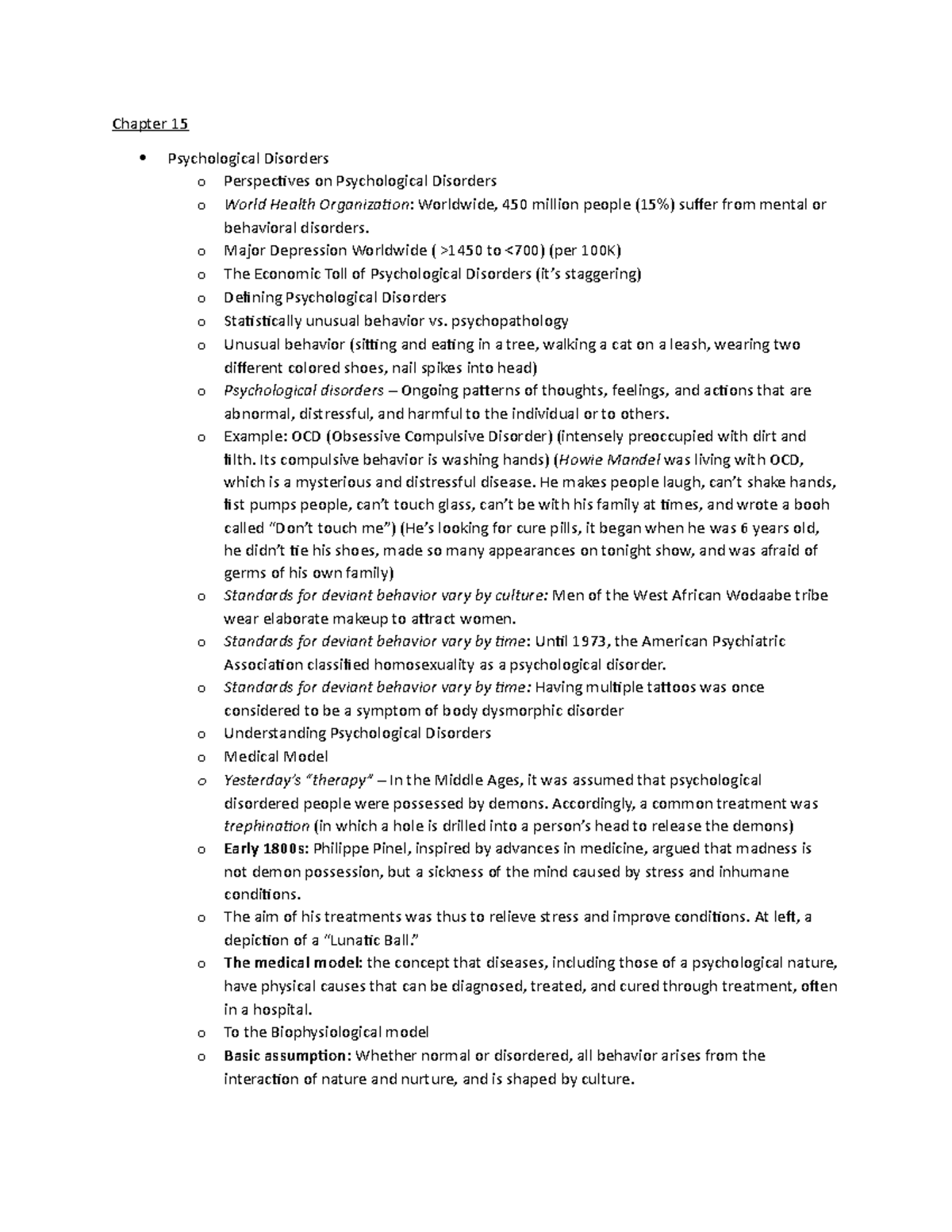 Psych lecture notes chapter 15 - Chapter 15 Psychological Disorders o ...