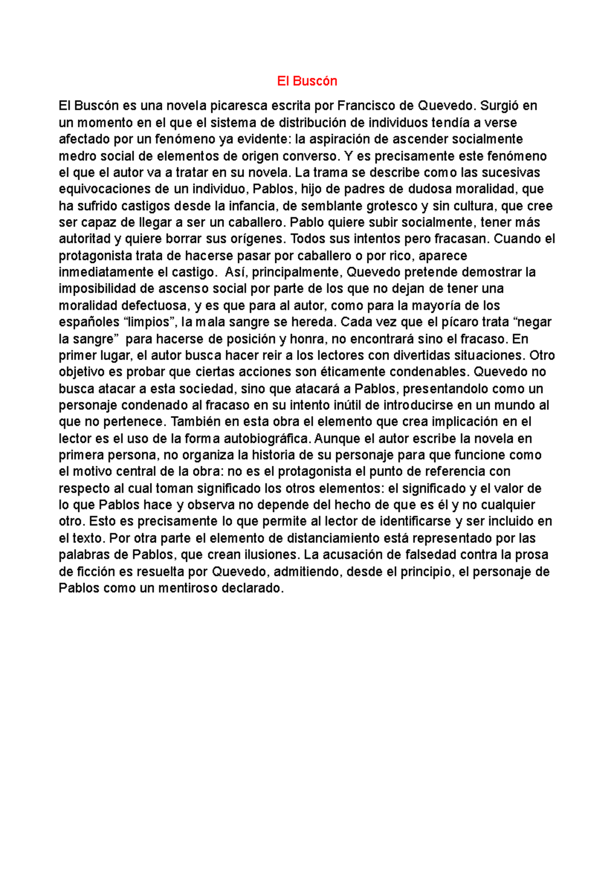 El Buscón - El Buscón El Buscón es una novela picaresca escrita por ...