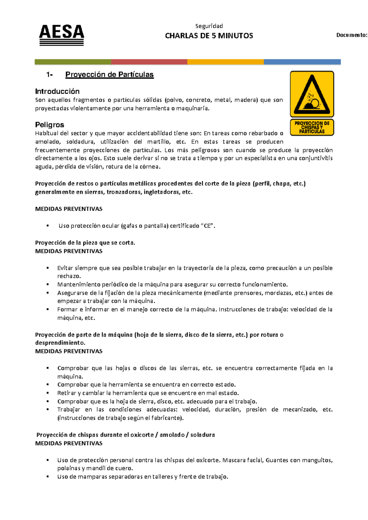 Proyeccion DE Particulas - Seguridad CHARLAS DE 5 MINUTOS Documento: 1 ...