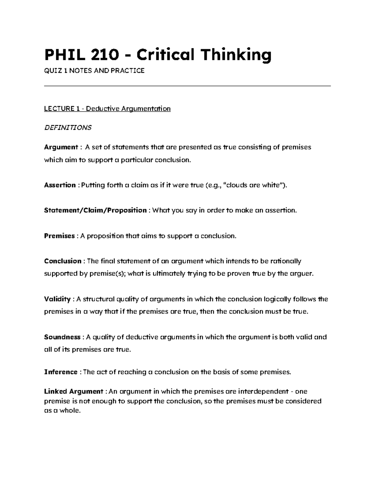 PHIL 210 - Critical Thinking Quiz 1 Preparation - PHIL 210 - Critical ...