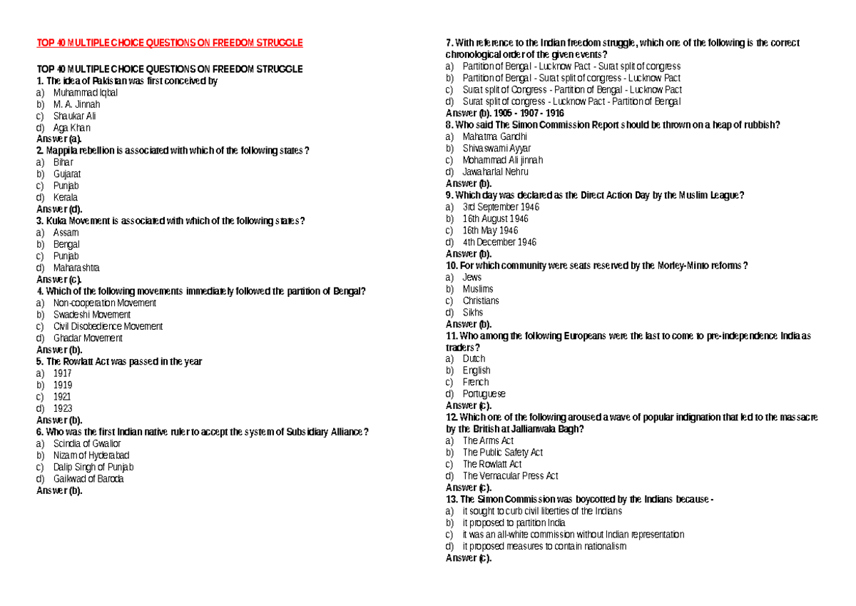 TOP 40 Multiple Choice Questions ON Freedom Struggle - TOP 40 MULTIPLE ...