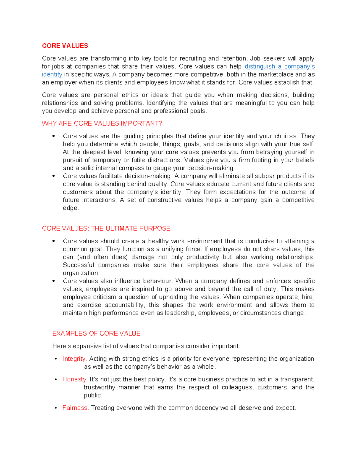 CORE Values - CORE VALUES Core values are transforming into key tools ...