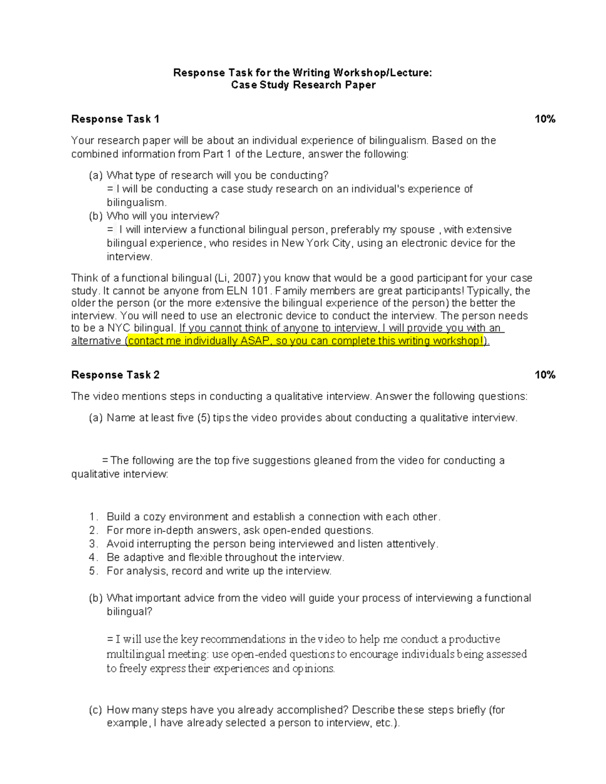 Response Task for Case Study Writing Workshop - Response Task for the ...