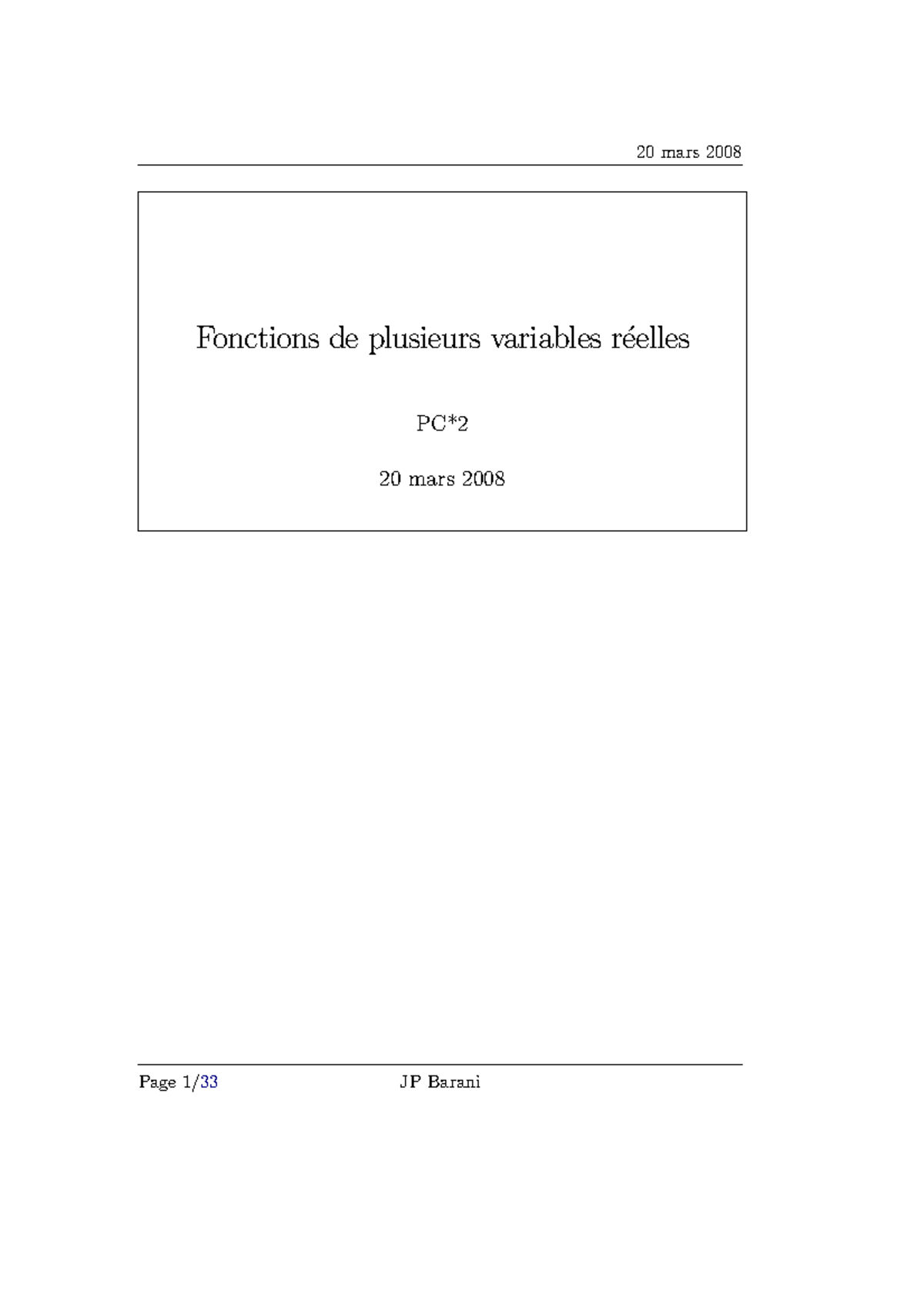 Cours Fonctions Plusieurs Variables 1 Mathématiques 20 Mars 2008