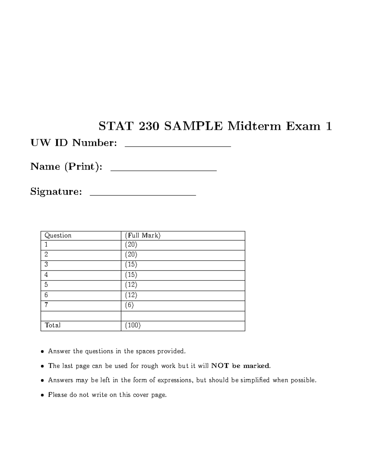 Midterm 2019, questions - STAT 230 SAMPLE Midterm Exam 1 UW ID Number ...