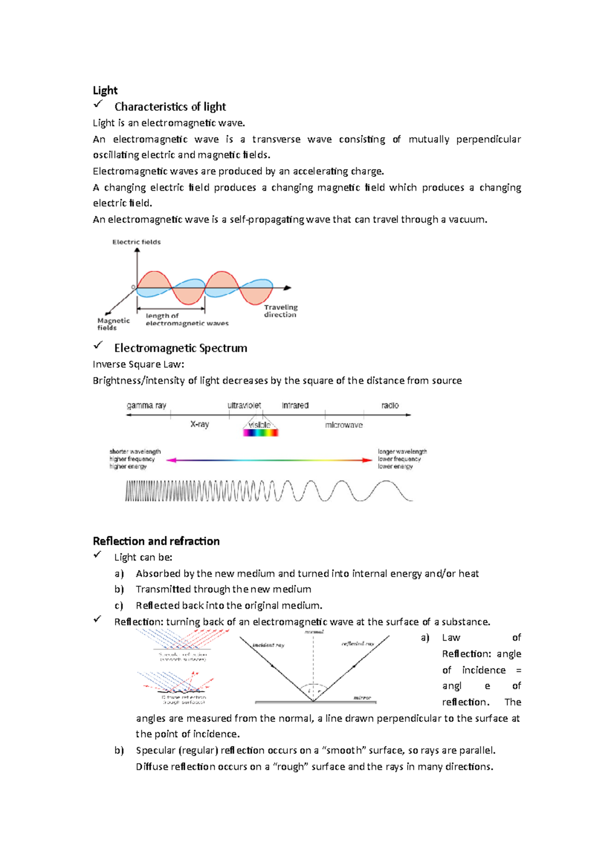 Light cheat sheet - Light Characteristics of light Light is an ...